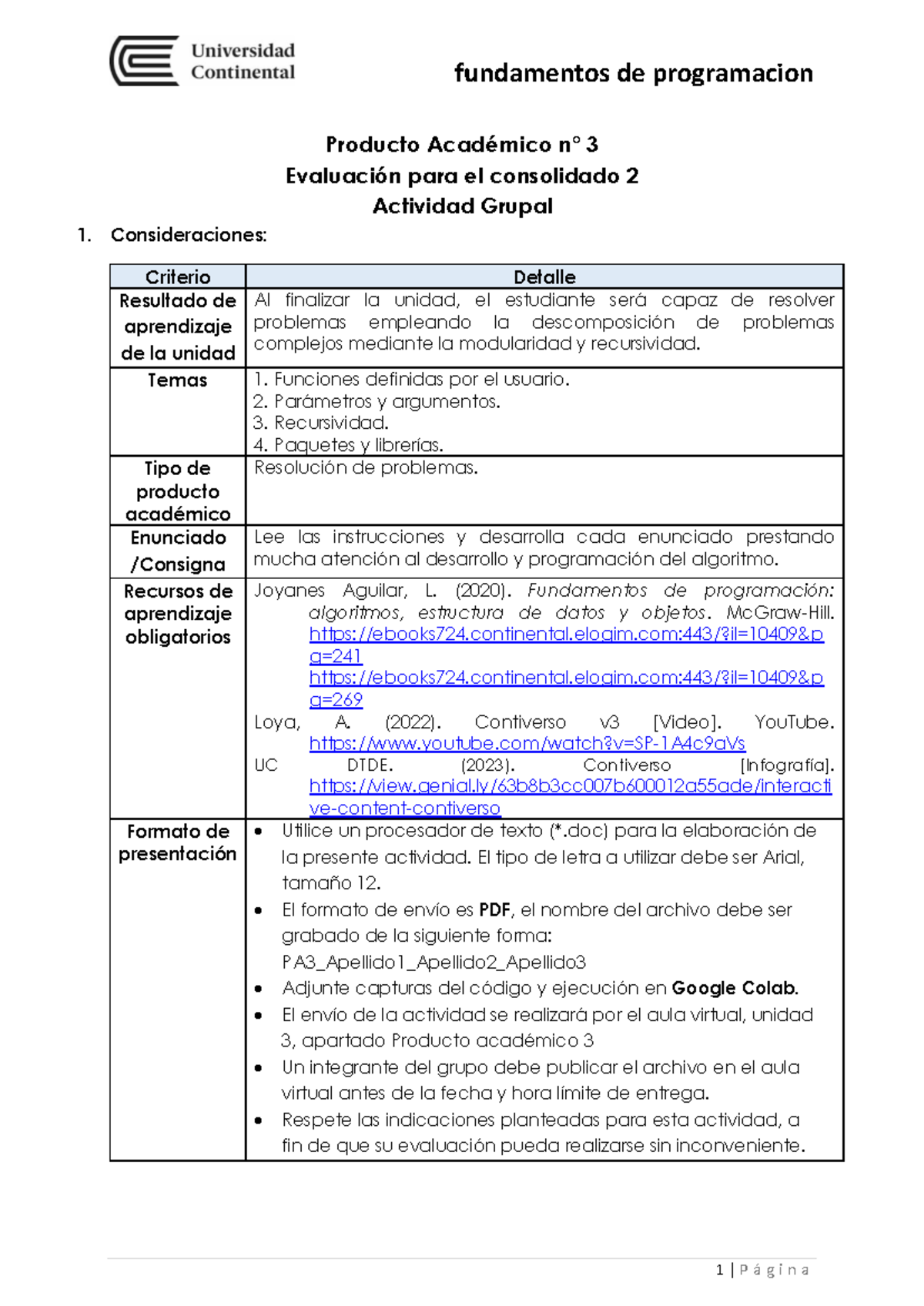 Producto Académico 3 Tarea G - Producto Académico n° 3 Evaluación para el consolidado 2 ...