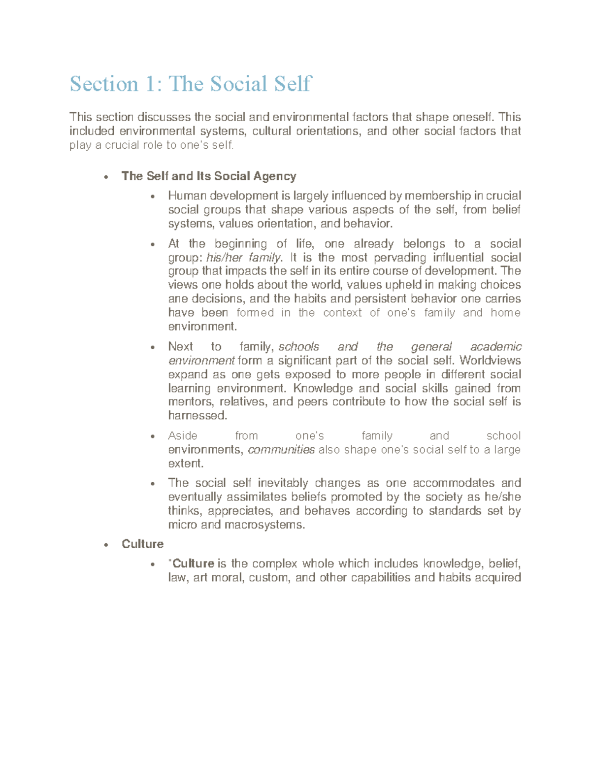 Understanding the self - Section 1: The Social Self This section ...