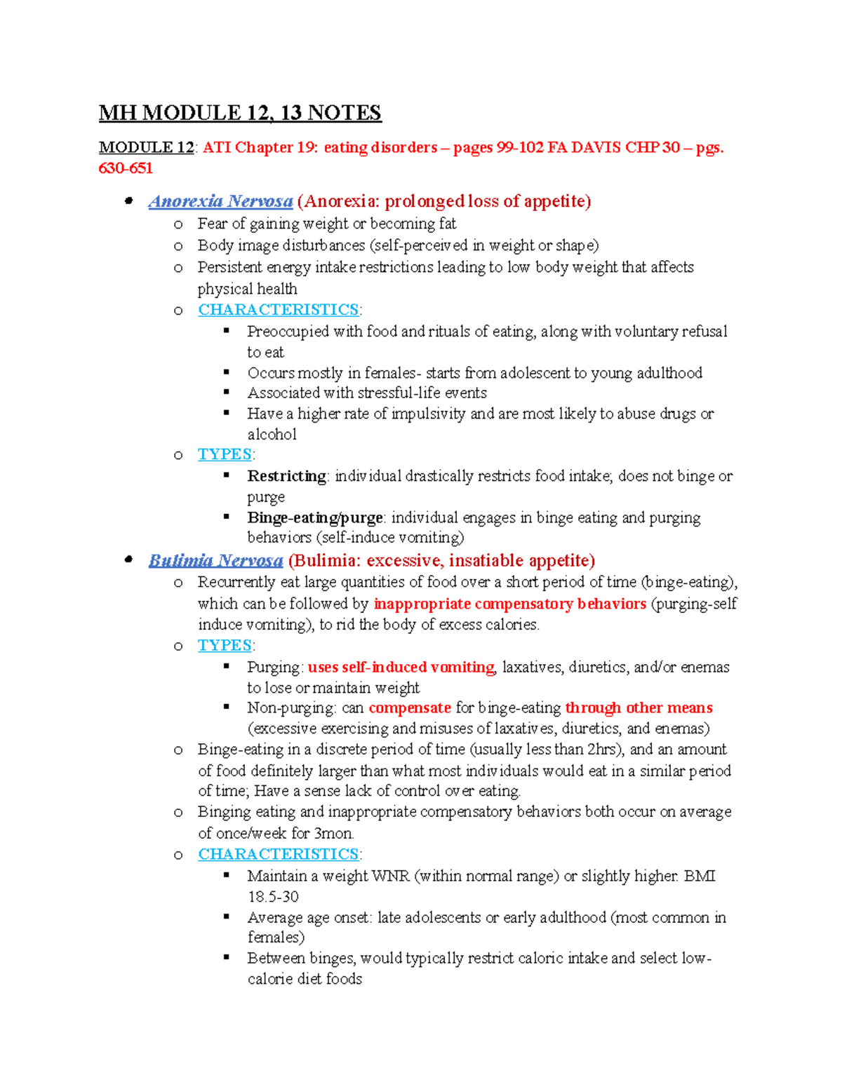 MH Exam 4 notes MOD 12 13 - MH MODULE 12, 13 NOTES MODULE 12: ATI ...