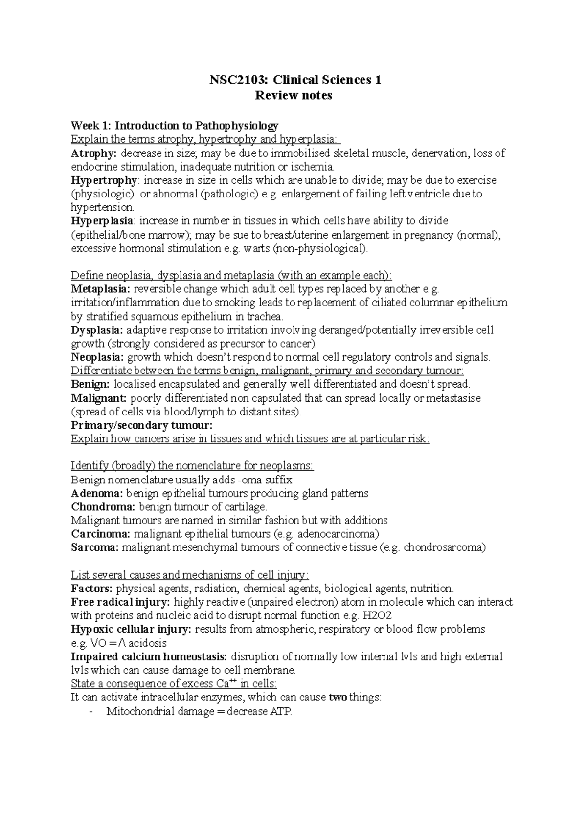 Exam Review notes - NSC2103: Clinical Sciences 1 Review notes Week 1 ...