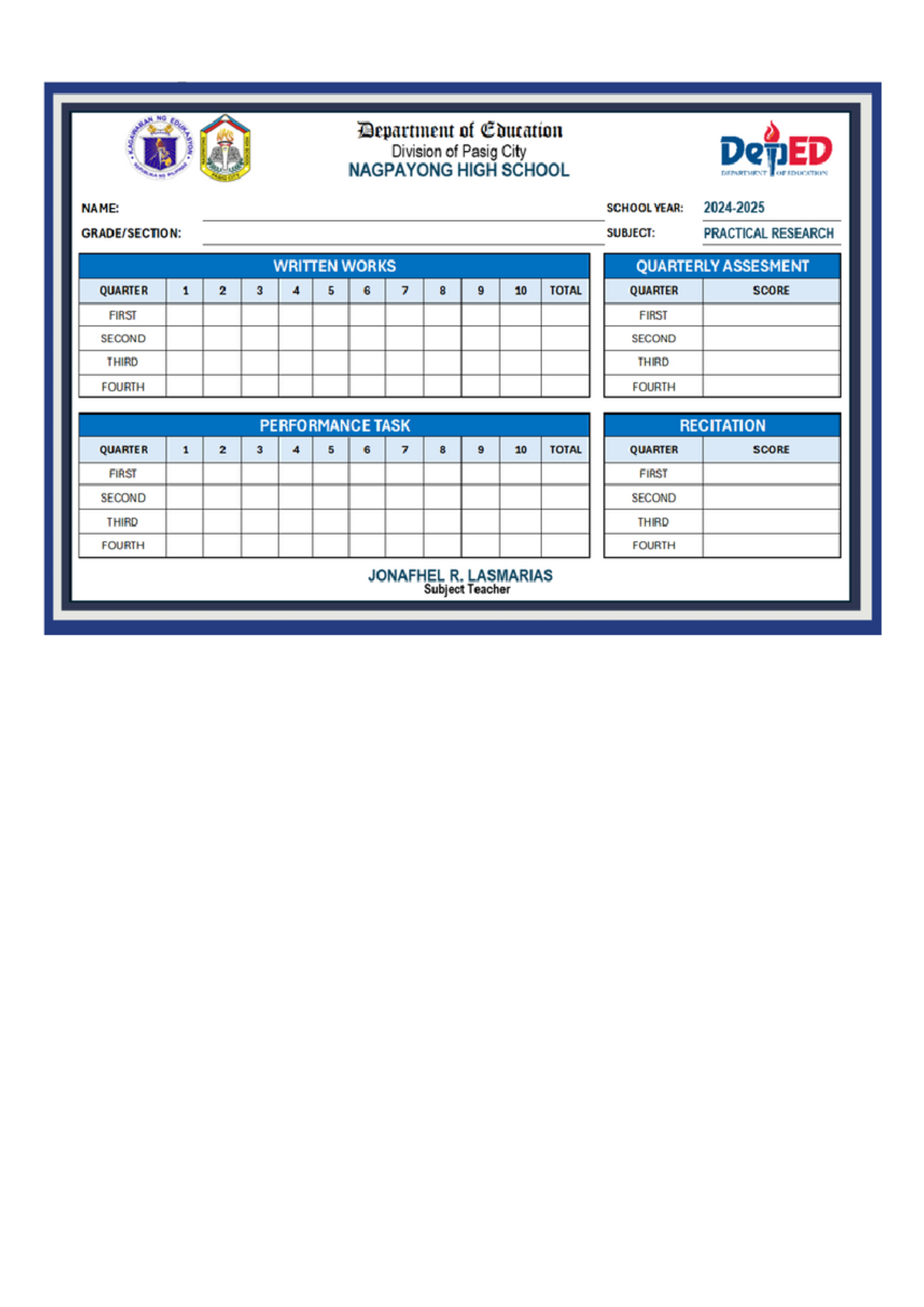 Practical Research Class CARD - NO G T Department of Education Division ...
