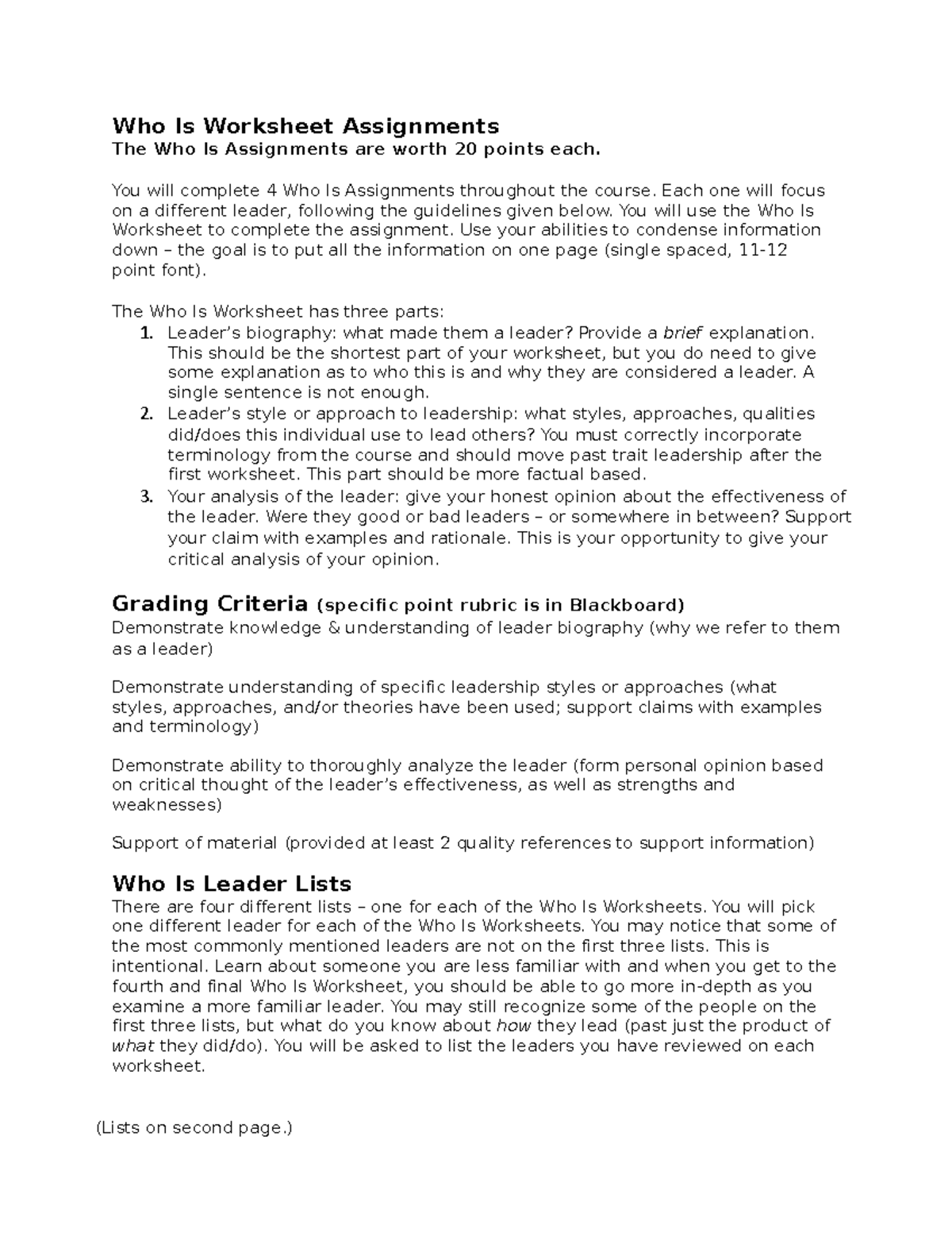 The Who Is Assignment Descriptions (a) - Who Is Worksheet Assignments ...