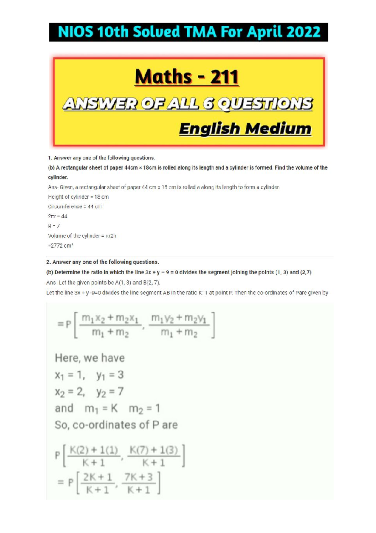 Maths (211) TMA2022 EM - Practical - NIOS 10th Solved TMA For April 2022 Maths 211 ANSWER OF ALL ...