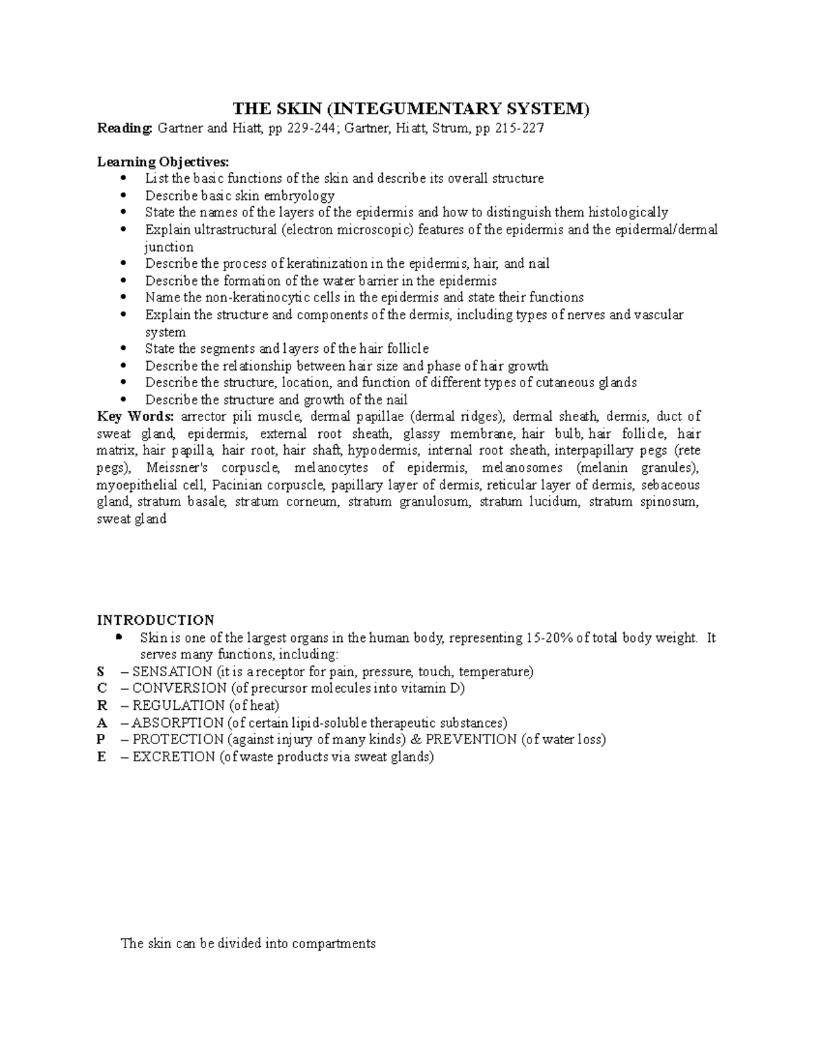 Skin lecture notes - THE SKIN (INTEGUMENTARY SYSTEM) Reading: Gartner ...