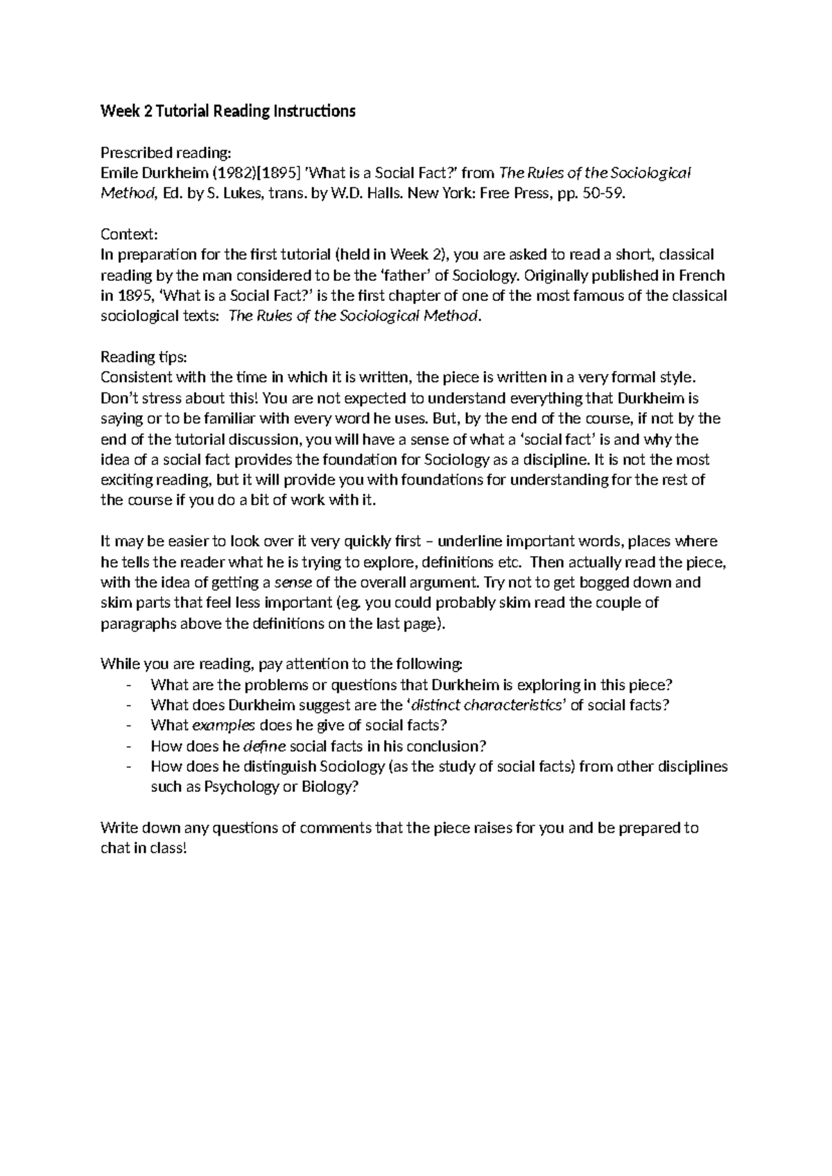 Instructions for Reading - Week 2 Tutorial Reading Instructions Prescribed reading: Emile ...