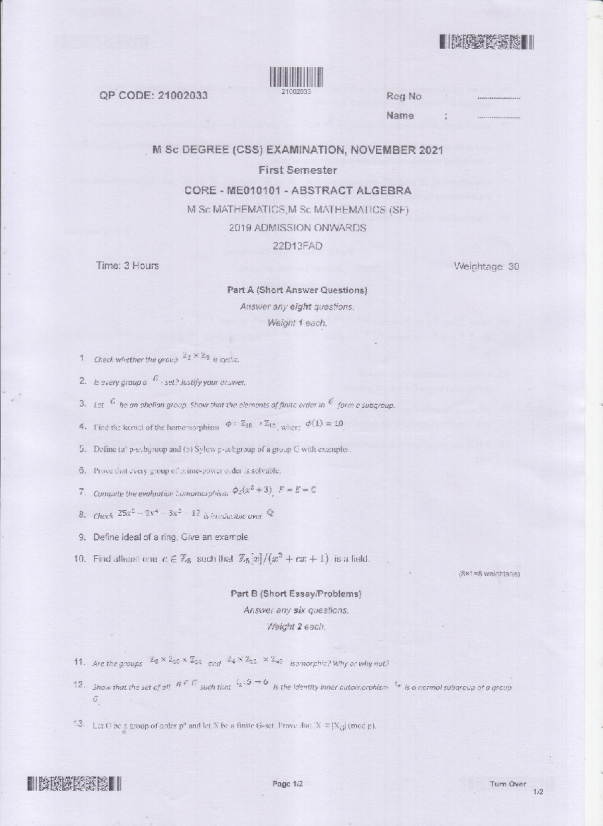 MMAT011AA NOV 2021 MMAT011AA21NOV - QP CODE: 21002033 21002033 Reg No : Name : M Sc DEGREE (CSS ...