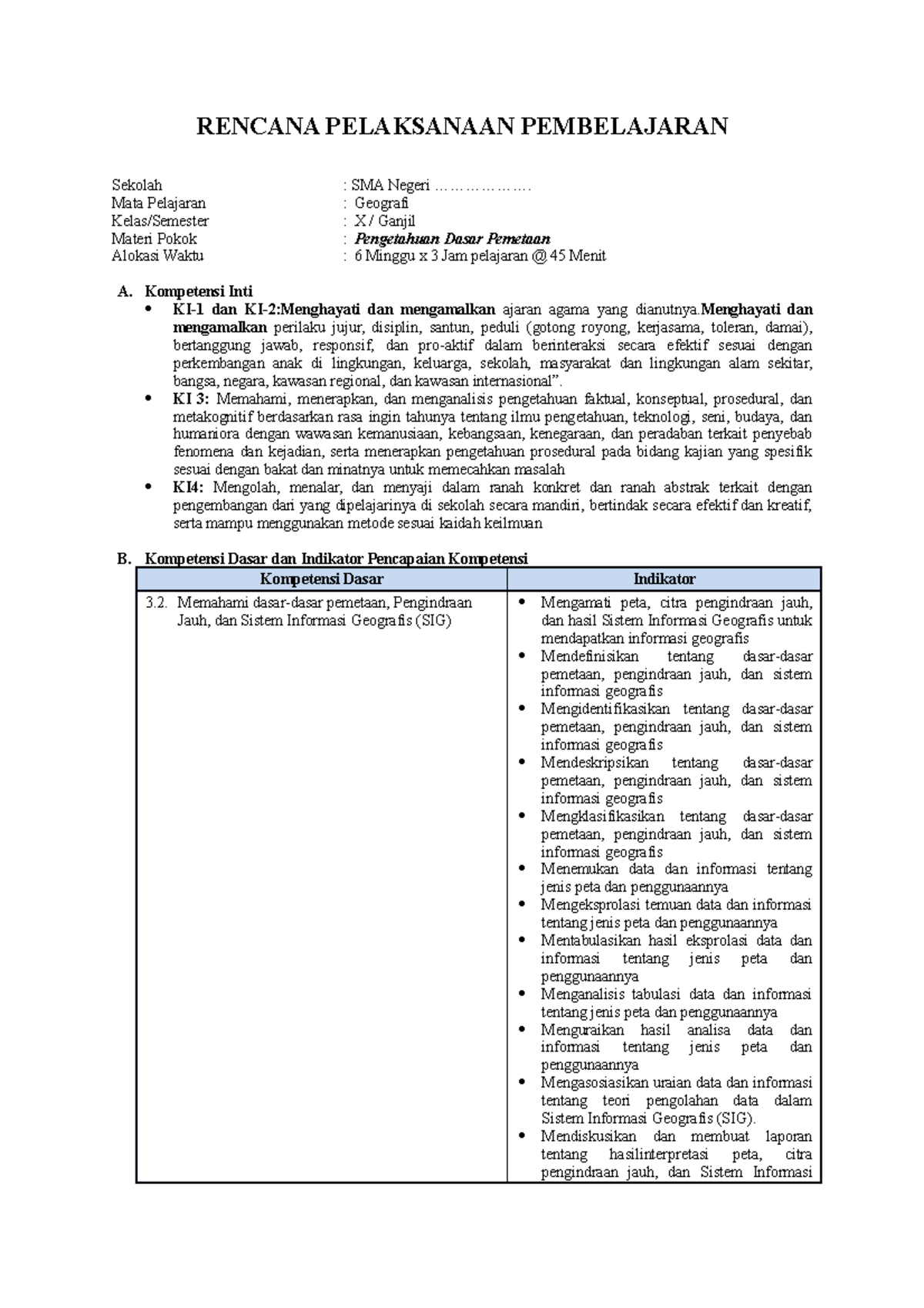 21. RPP 2 Pengetahuan Dasar Pemetaan - RENCANA PELAKSANAAN PEMBELAJARAN Sekolah : SMA Negeri ...