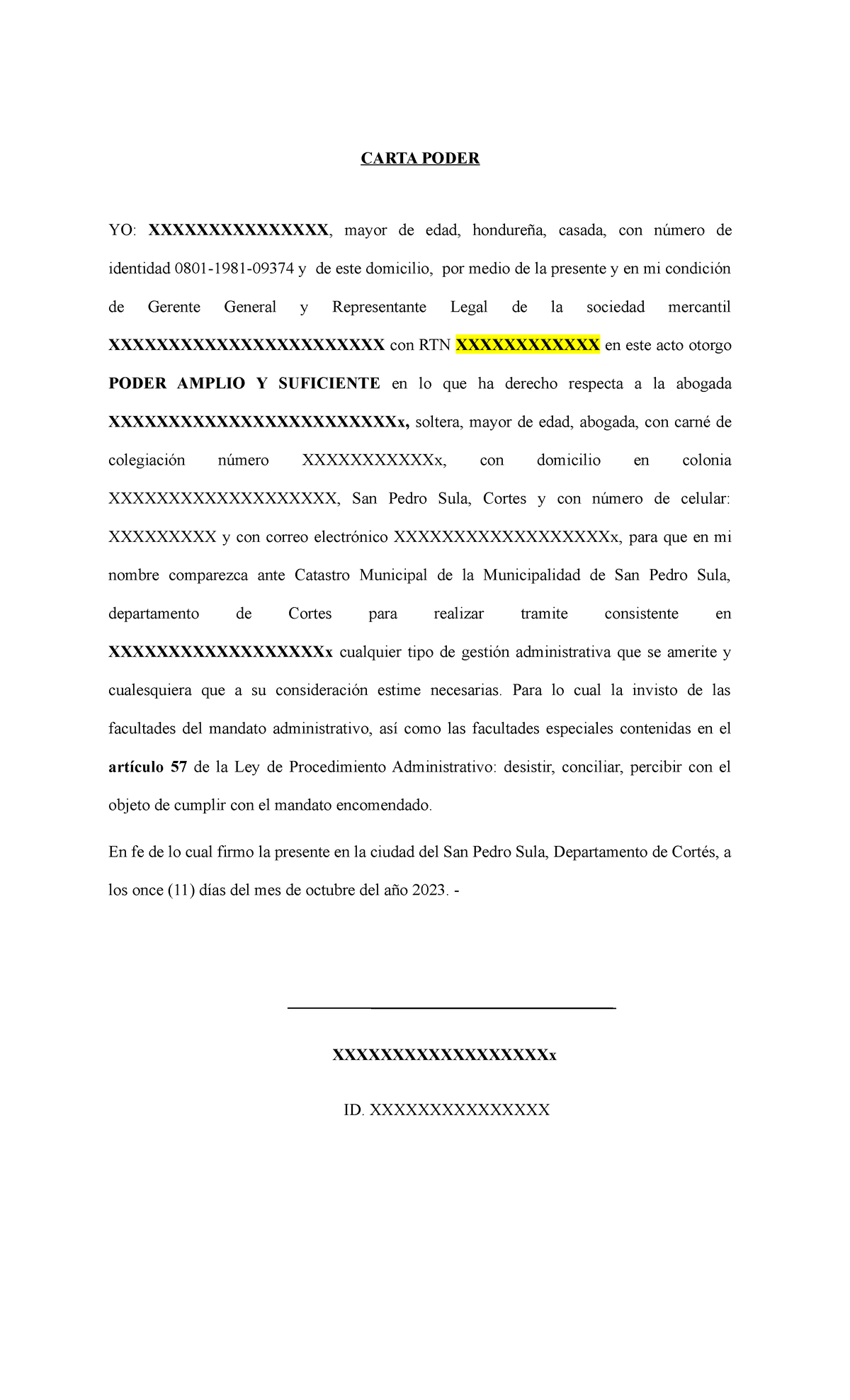 Carta Poder - CARTA PODER YO: XXXXXXXXXXXXXXX, mayor de edad, hondureña ...