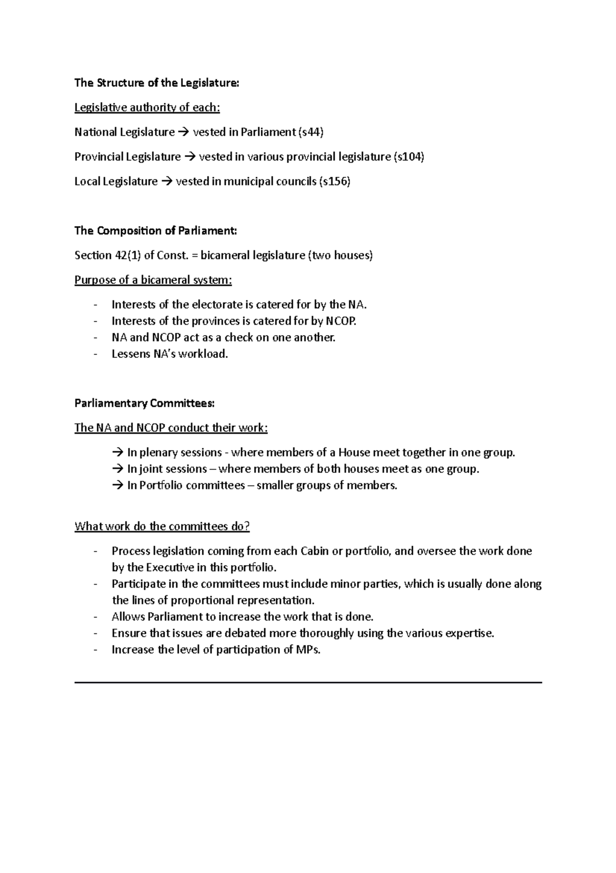 Legislature Summaries Modules 3 - The Structure of the Legislature ...