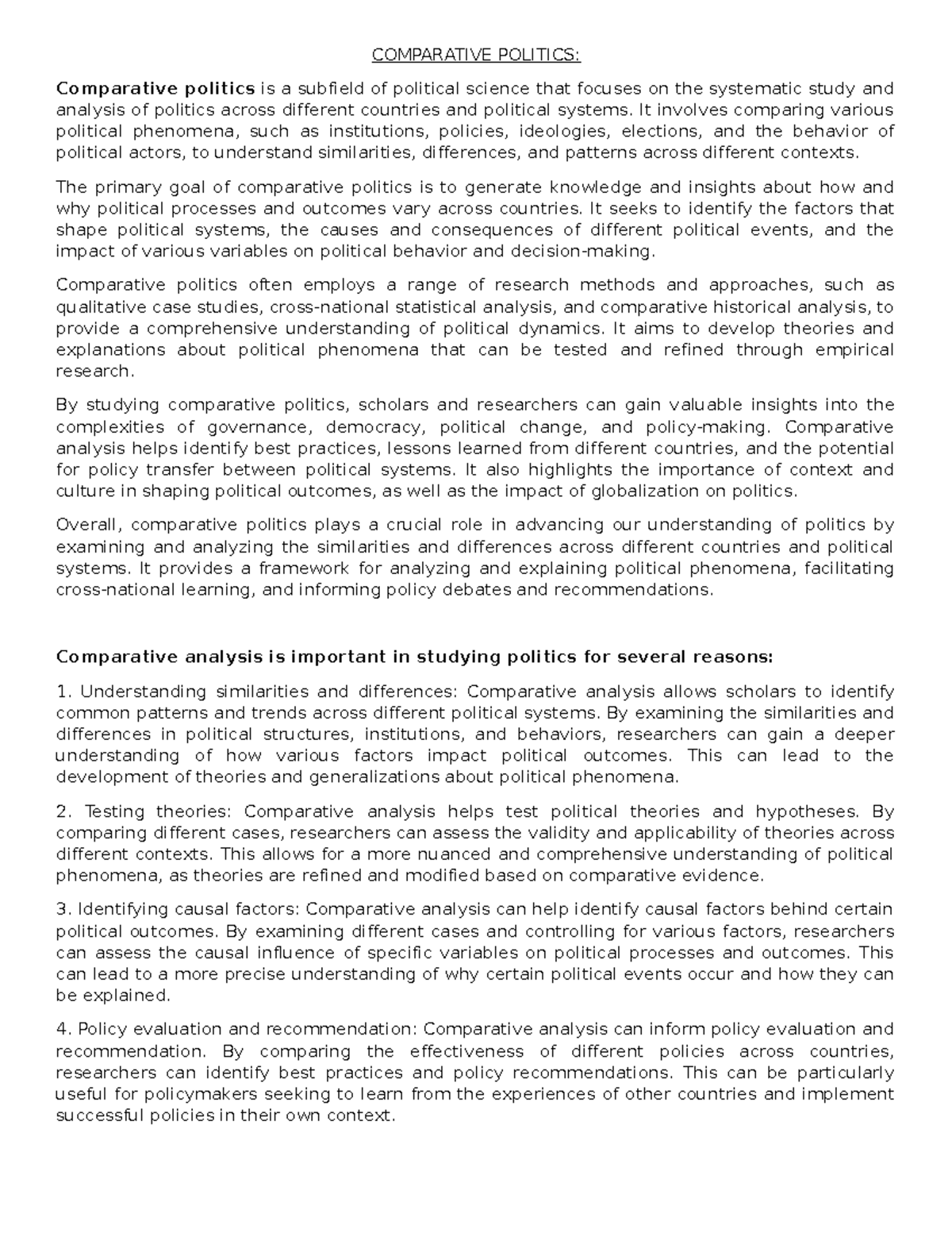 Comparative Politics - COMPARATIVE POLITICS: Comparative politics is a ...