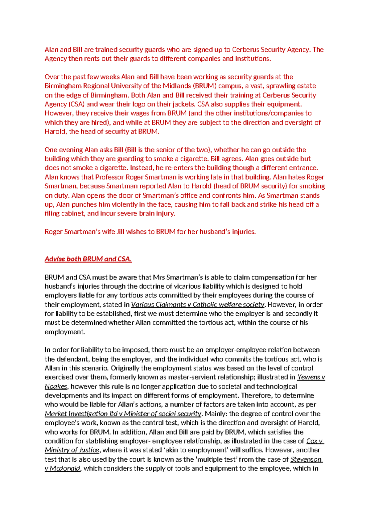 Vicarious liability PQ - revision lecture - Alan and Bill are trained ...