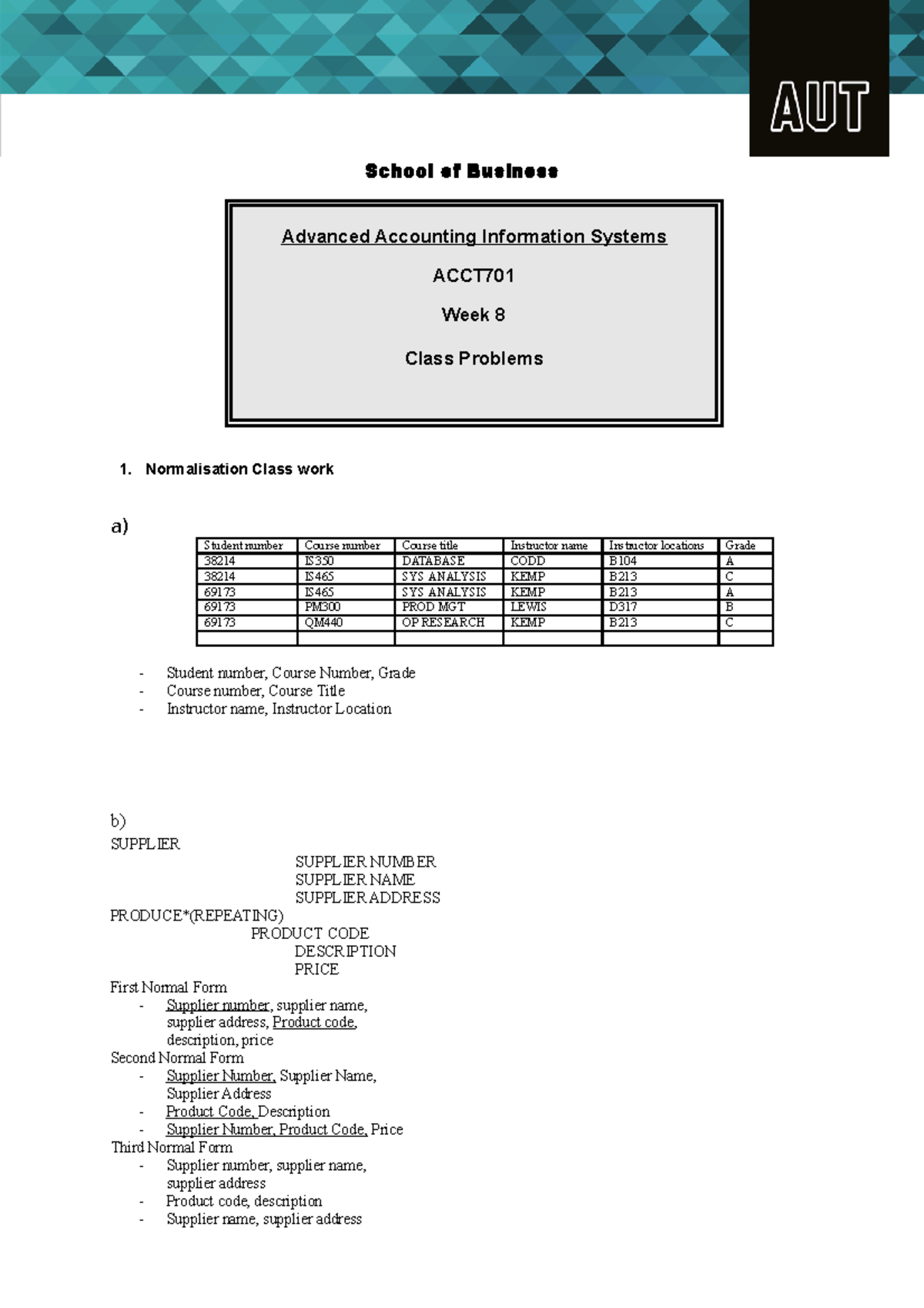 S1 2022 Week 8 Class Problems - School of Business Advanced Accounting Information Systems ACCT ...