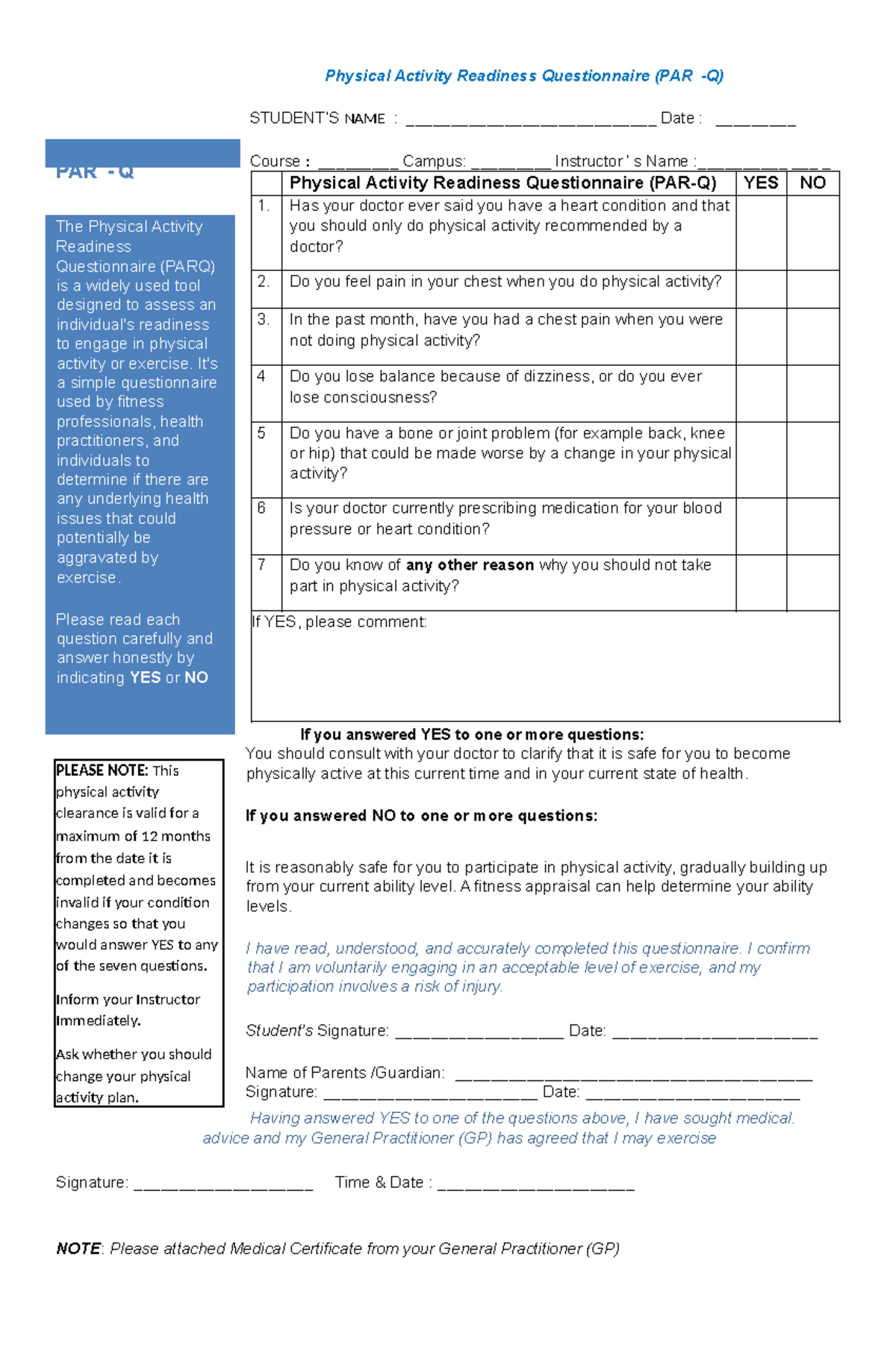 PAR-Q - no more - PAR - Q The Physical Activity Readiness Questionnaire ...
