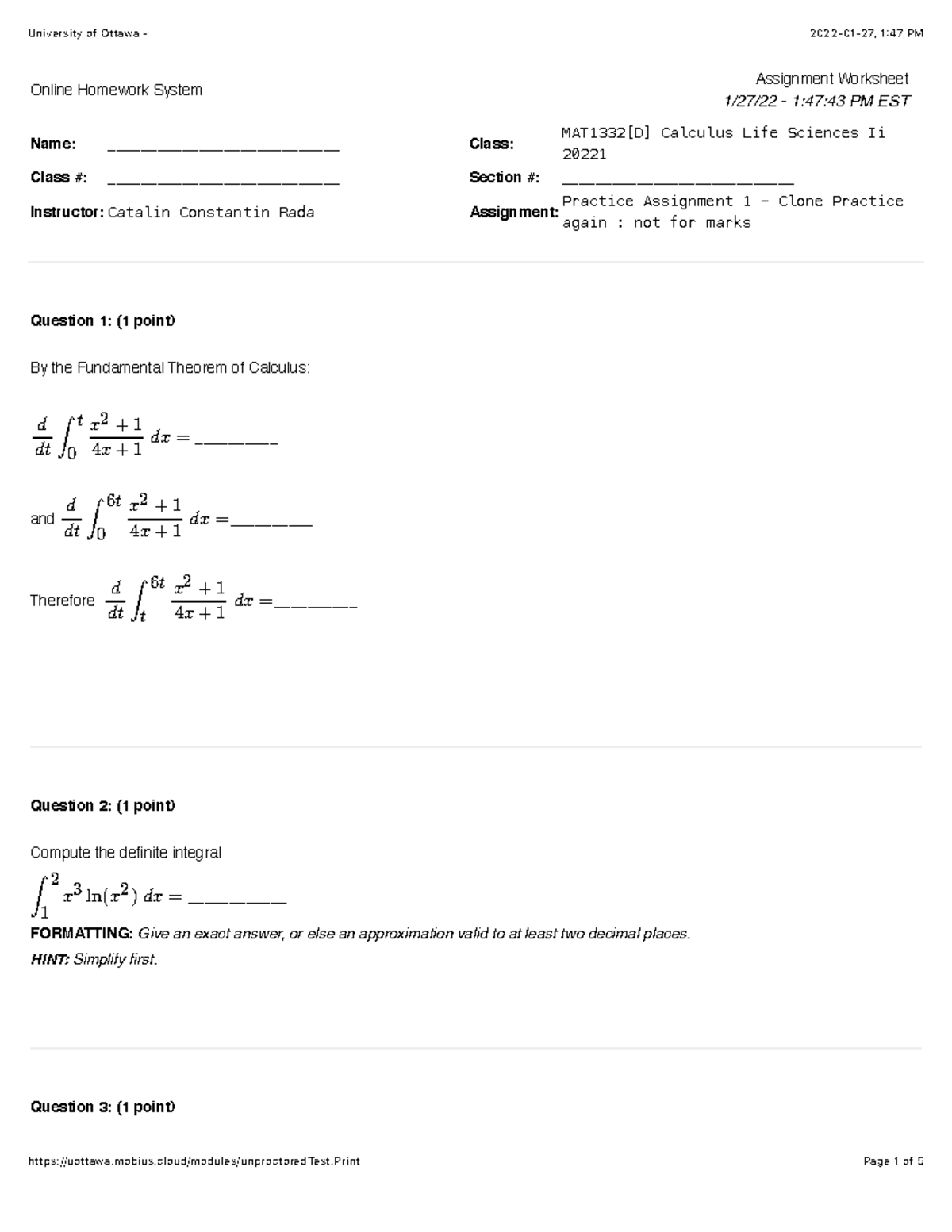 Mobius 1 - Practice - Online Homework System Assignment Worksheet 1/27 ...