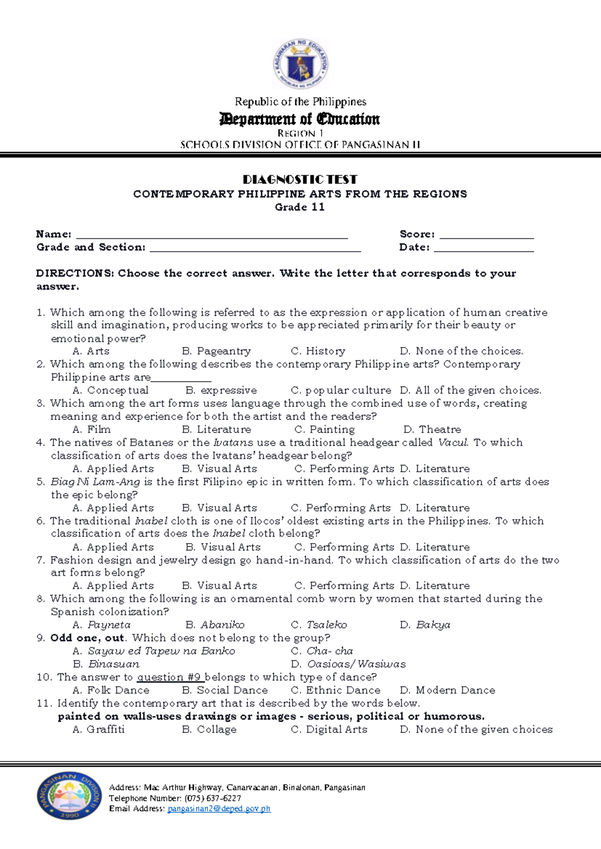 Grade 11 Contemporary PHIL.ARTS Diagnostic TEST - Address: Mac Arthur ...
