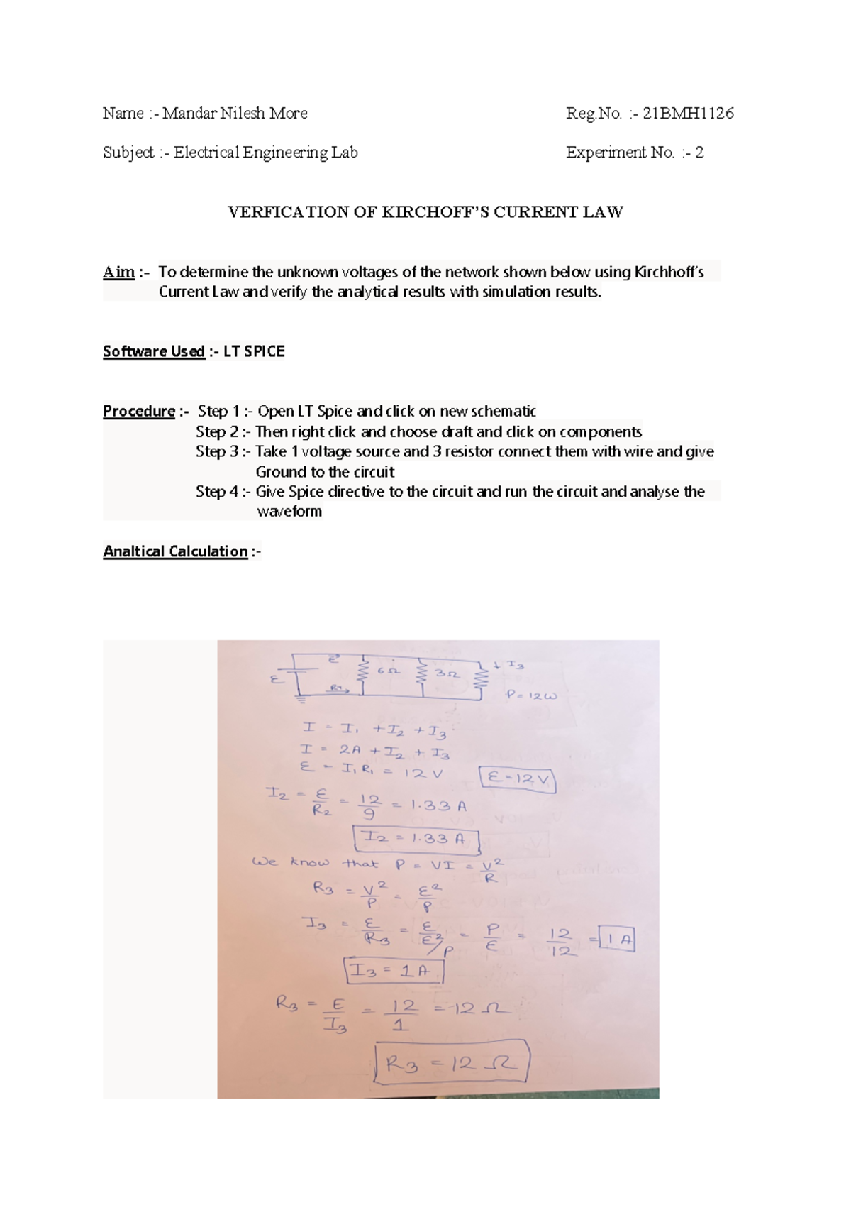 Kirchhoff's current law experiment with proper explanation - Name ...