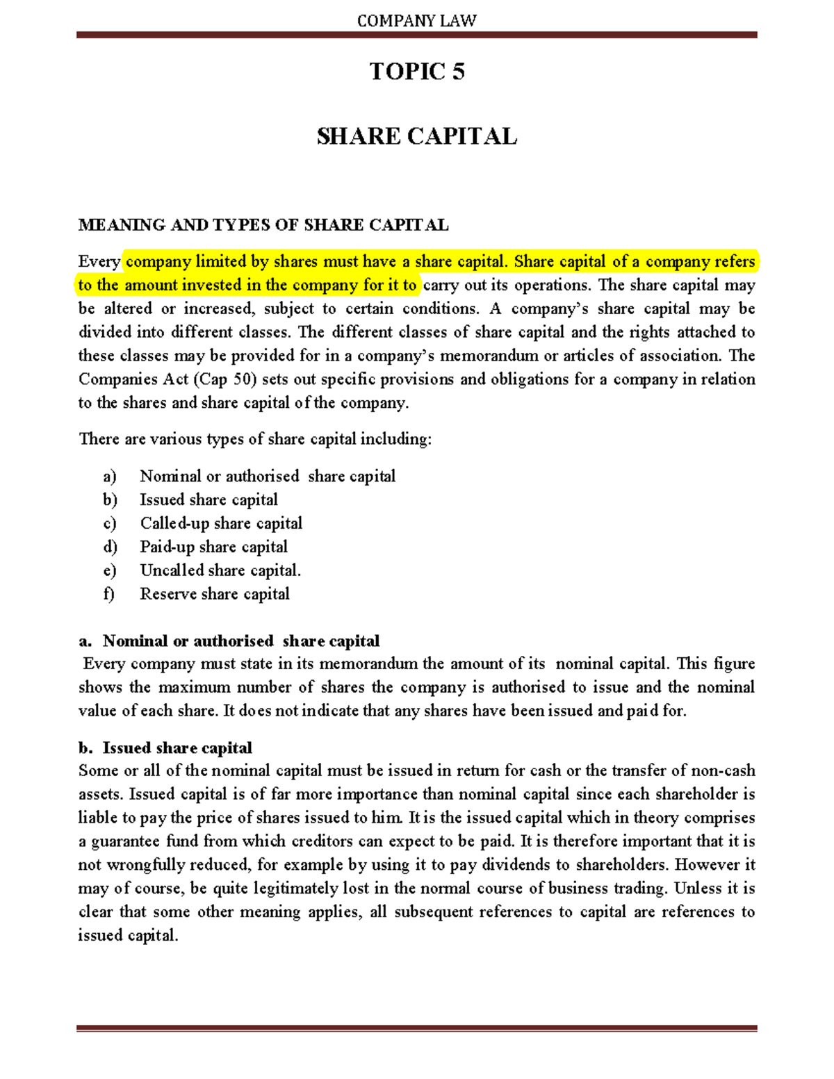 Company LAW Lesson Three - TOPIC 5 SHARE CAPITAL MEANING AND TYPES OF ...