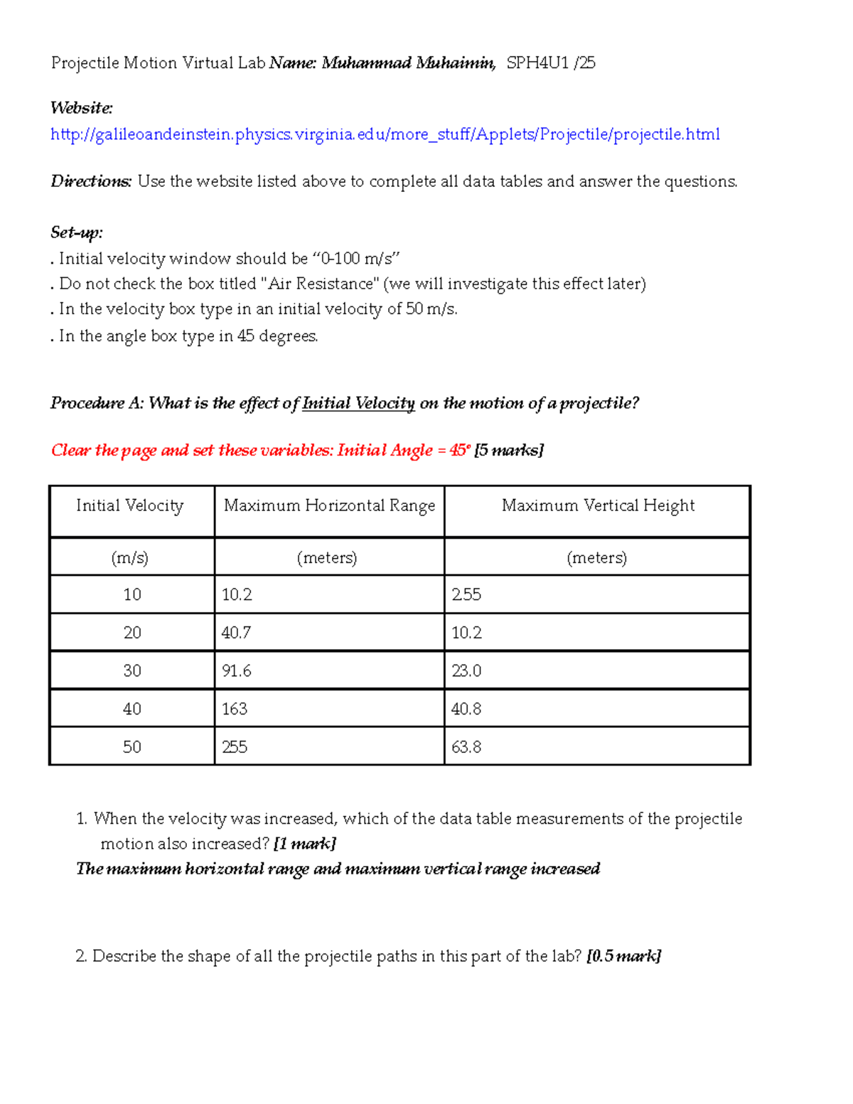 Virtual lab on projectile motion U - Projectile Motion Virtual Lab Name: Muhammad Muhaimin ...