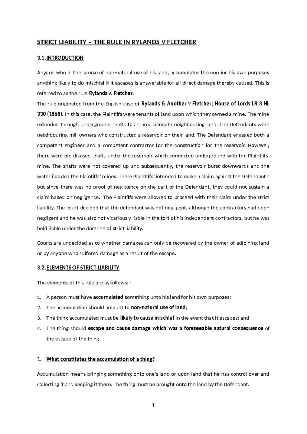 Strict Liability - STRICT LIABILITY – THE RULE IN RYLANDS V FLETCHER 3. ...