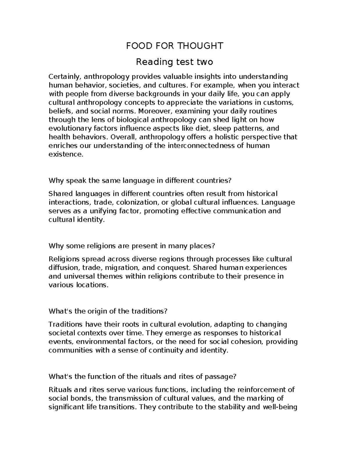 Reading TEST TWO 23 - FOOD FOR THOUGHT Reading test two Certainly ...