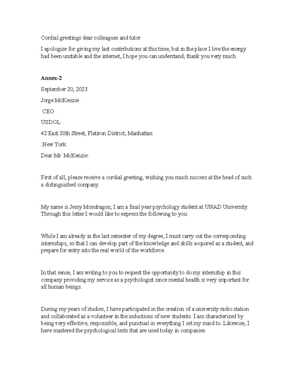 Cordial greetings dear colleagues and tutor - Annex- September 20, 2023 ...