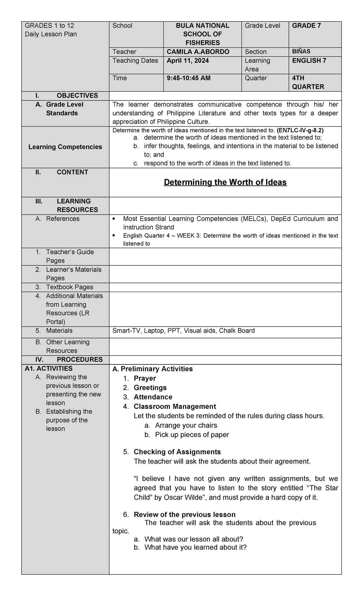 4th Q WEEK3 DLP3 DONE - GRADES 1 to 12 Daily Lesson Plan School BULA ...