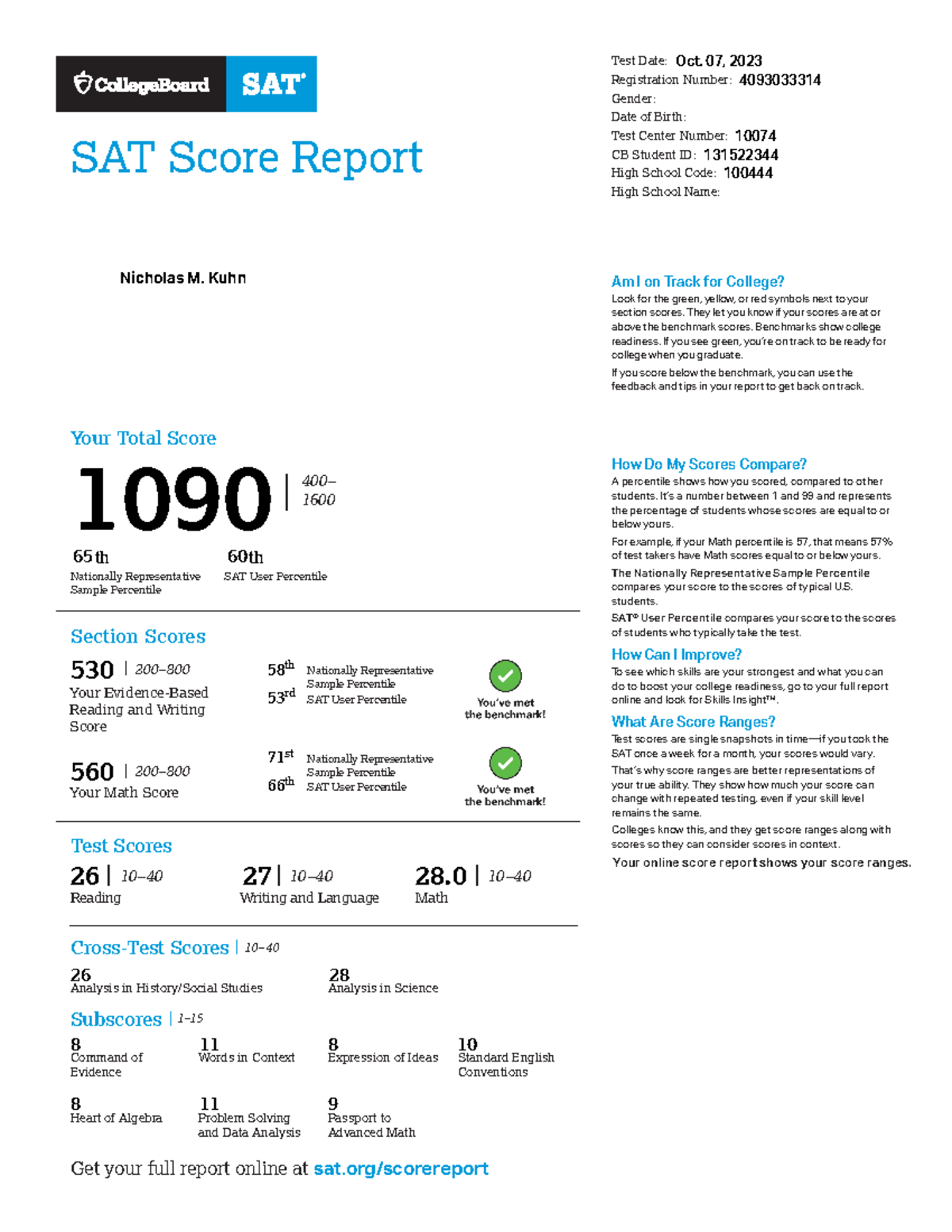 SATStudent Score Report 1699031625736 - SAT Score Report Am I on Track ...