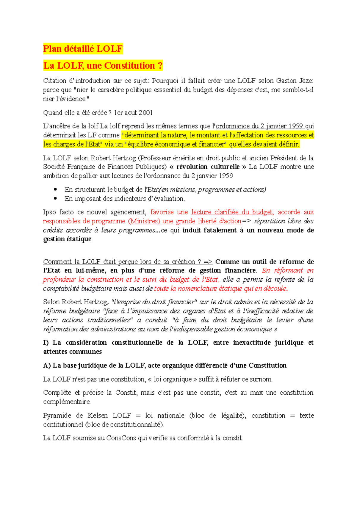 Fiches de revision anki - Plan détaillé LOLF La LOLF, une Constitution ...