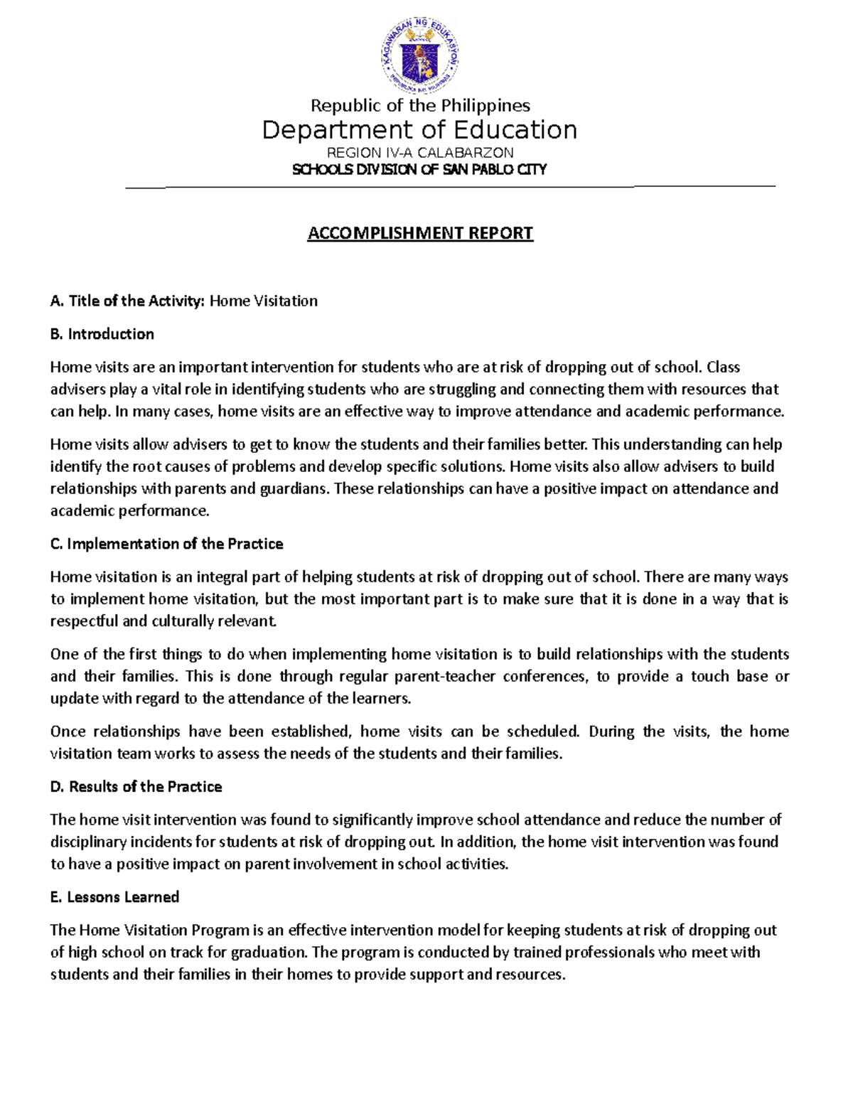 Accomplishment Report HOME Visitation Grade 9 - Republic of the ...
