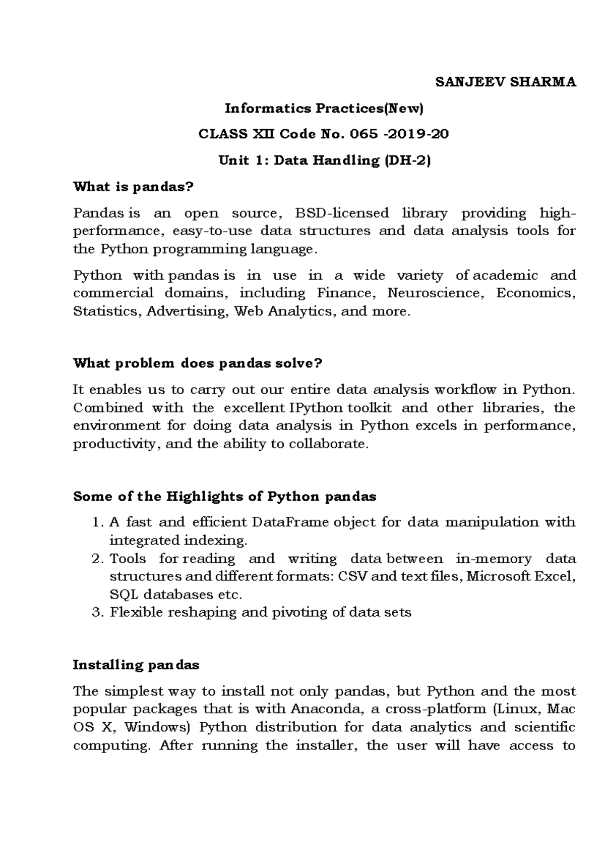 Python pandas - SANJEEV SHARMA Informatics Practices(New) CLASS XII Code No. 065 - 2019 - 20 ...