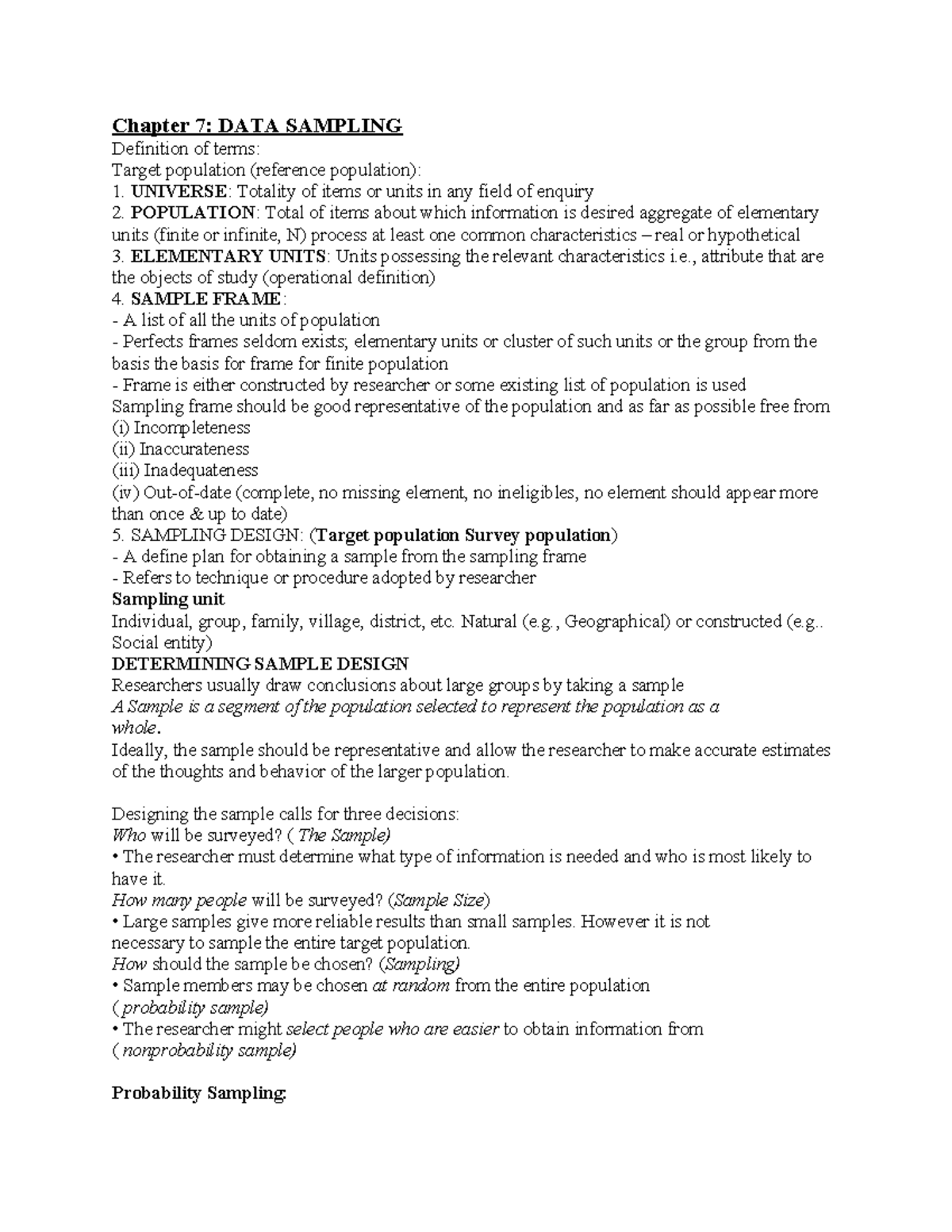 Chapter 7 - Research methods - Chapter 7: DATA SAMPLING Definition of ...