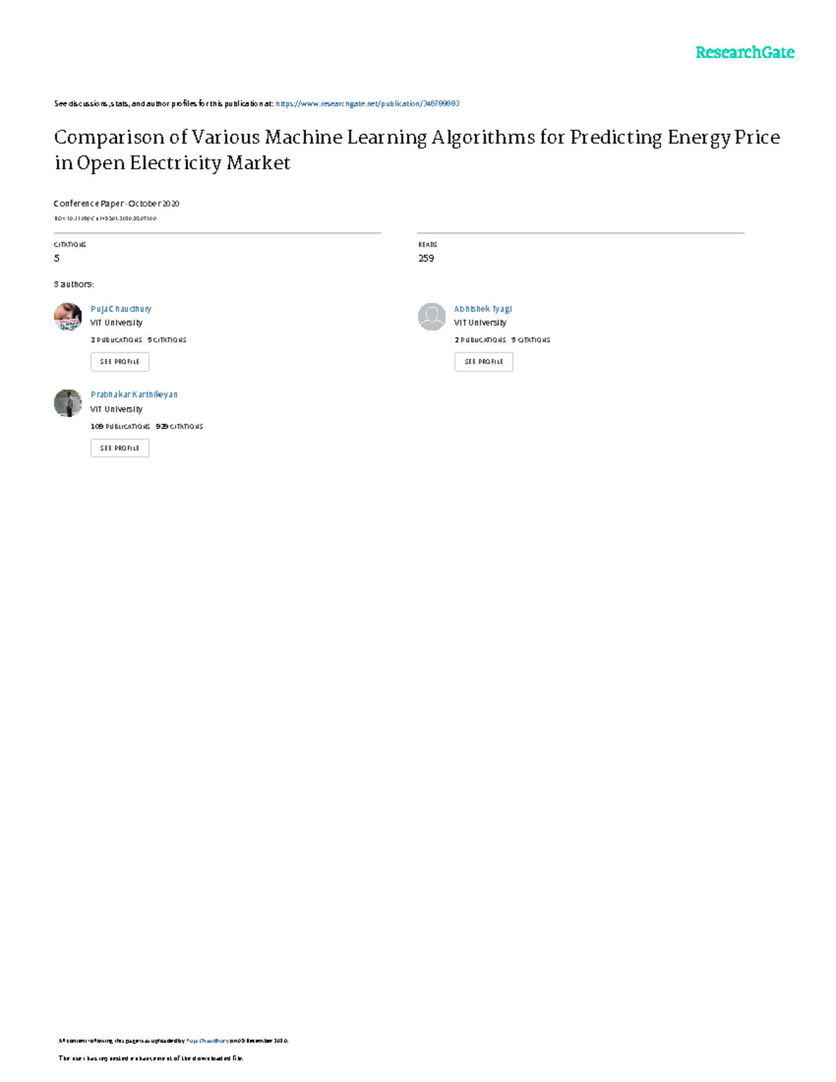 Comparisonof Various Machine Learning Algorithmsfor Predicting Energy