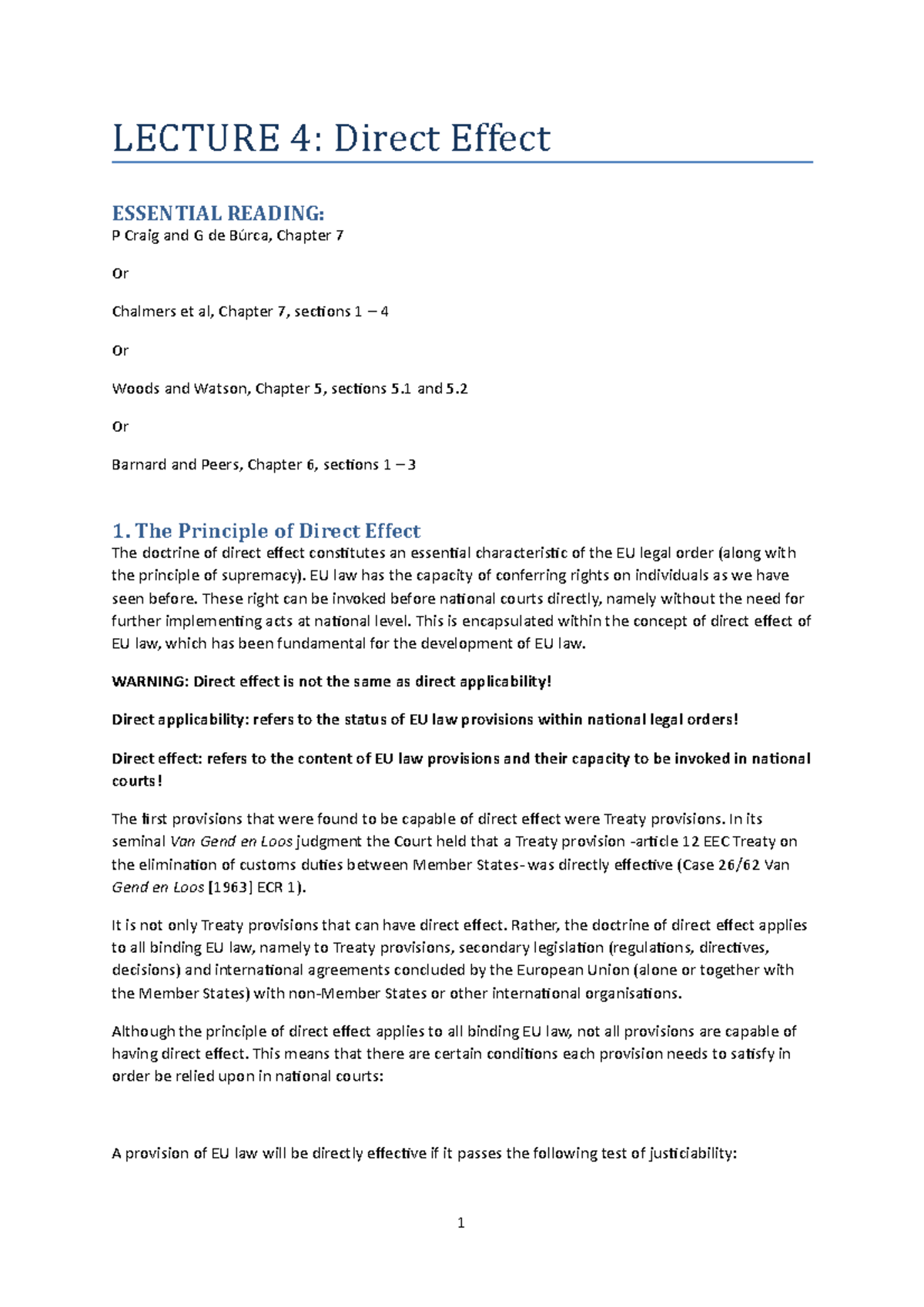 Direct effect - LECTURE 4: Direct Effect ESSENTIAL READING: P Craig and ...