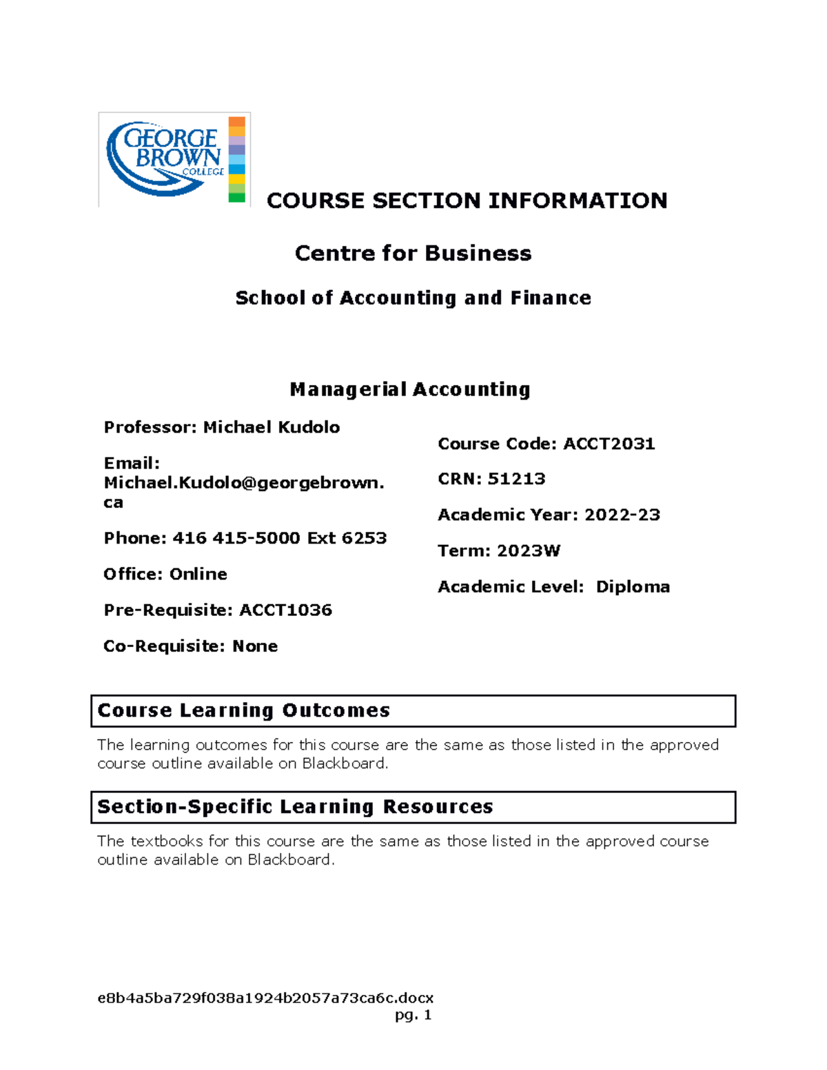 ACCT 2031 - CRN 51213 - 2023W - COURSE SECTION INFORMATION Centre for ...