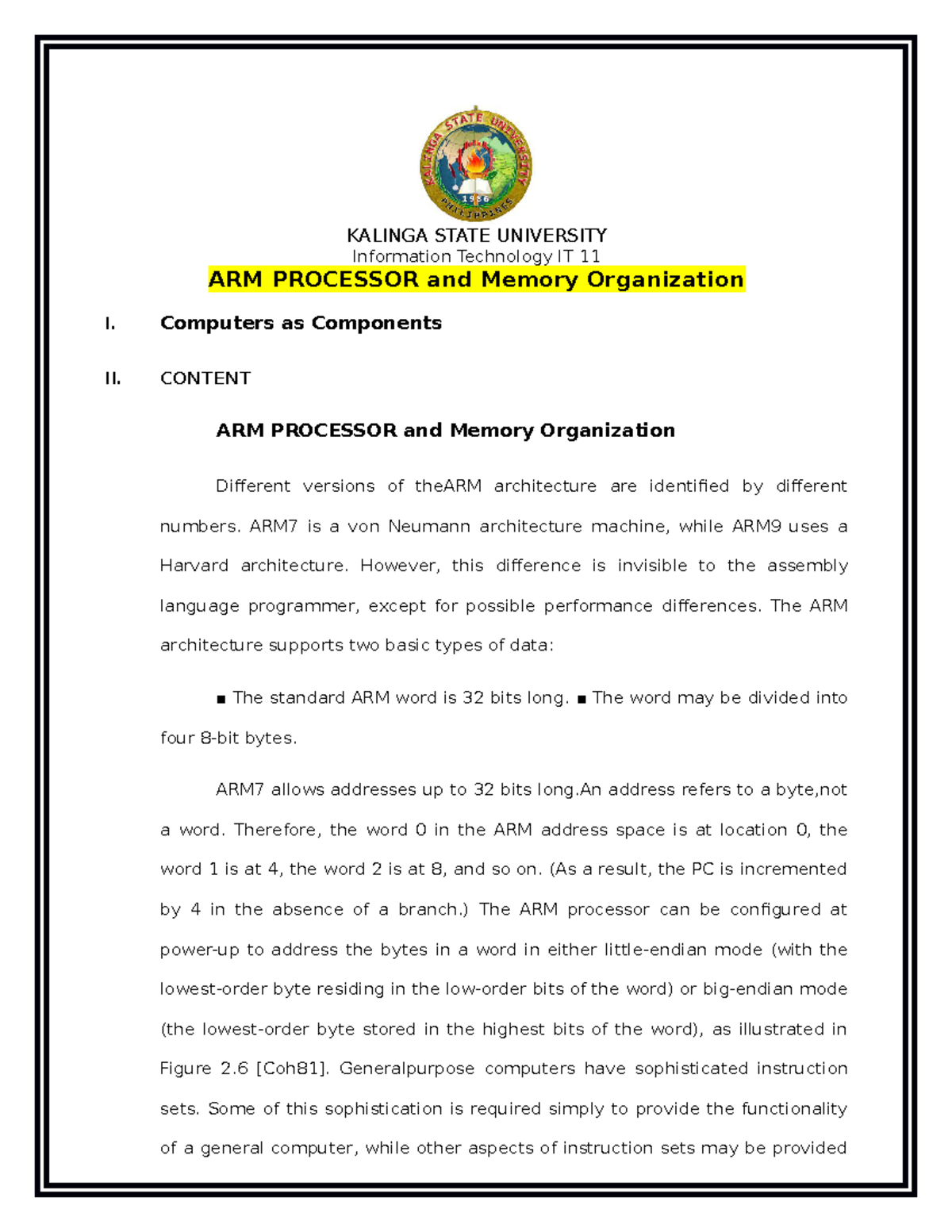 ARM Processor Processor and Memory Organization - KALINGA STATE UNIVERSITY Information ...