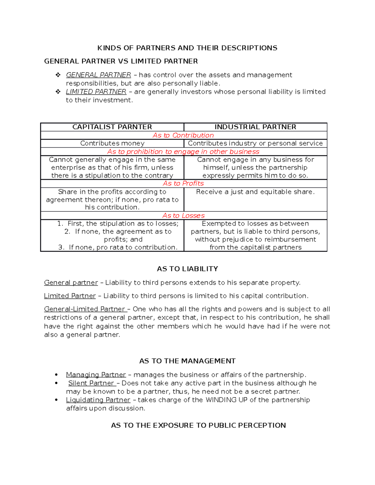 Notes ON Partnership - KINDS OF PARTNERS AND THEIR DESCRIPTIONS GENERAL ...