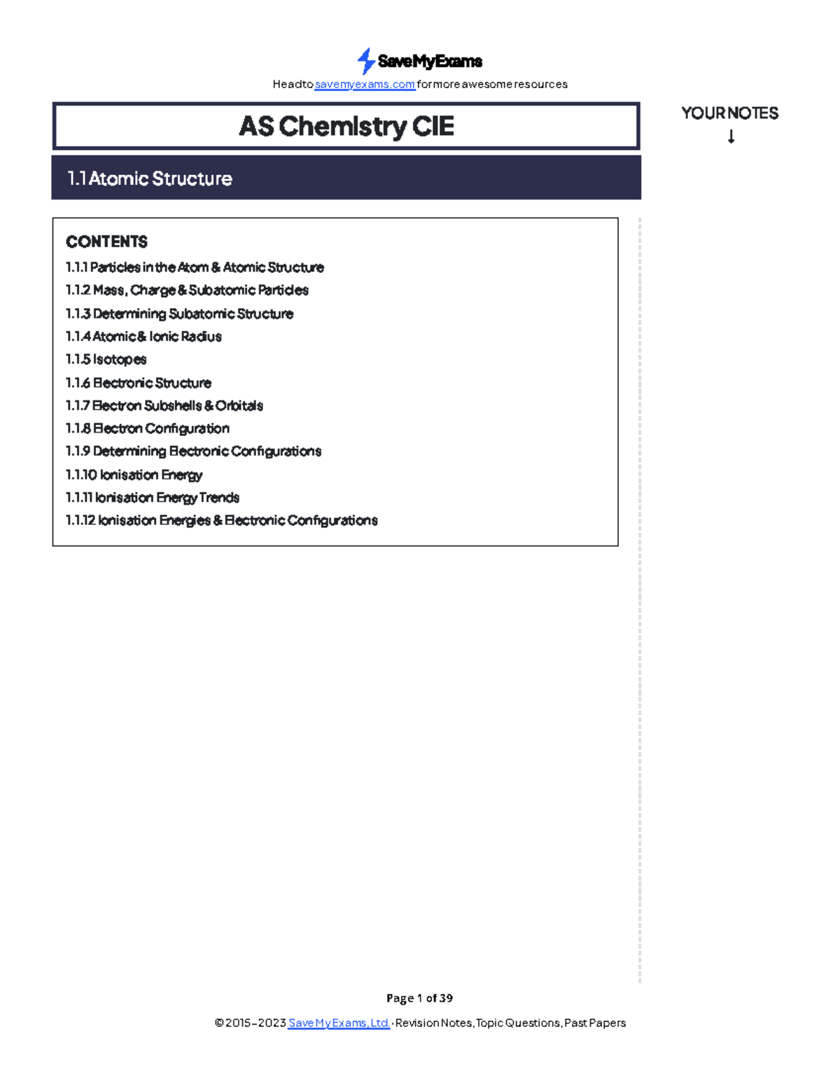1.1 Atomic Structure - as level notes - Page 1 of 39 AS Chemistry CIE 1 ...