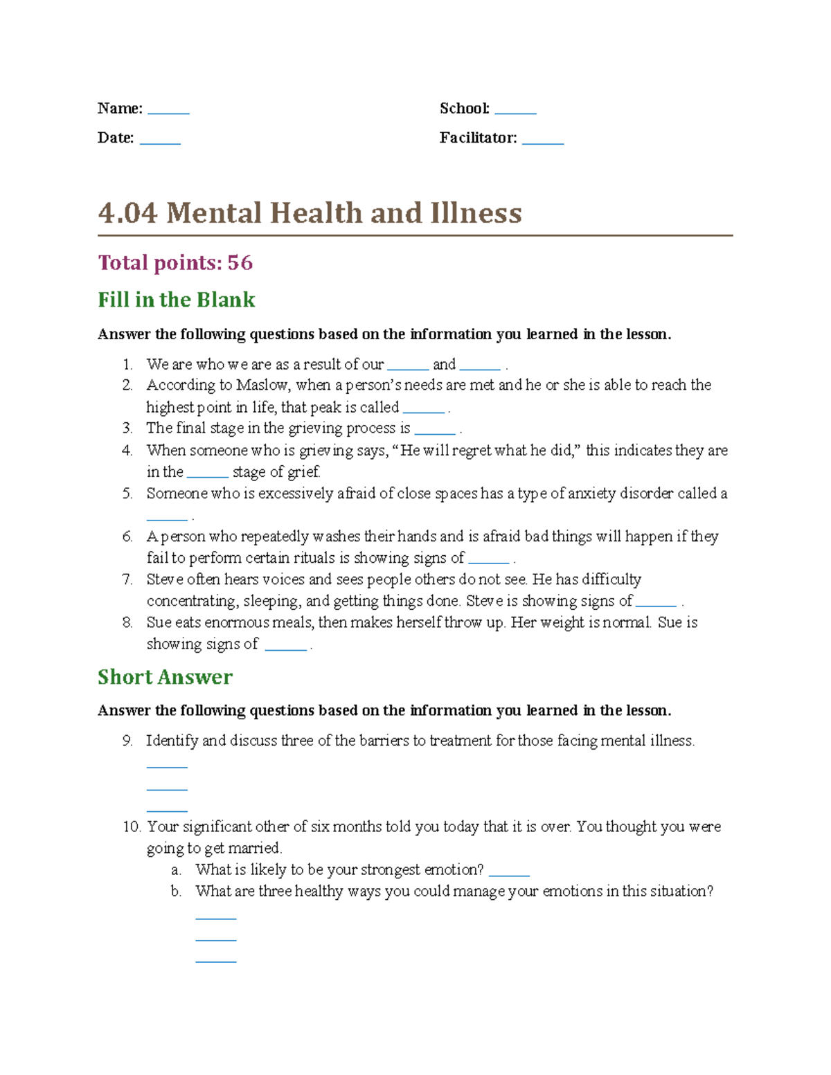 04-04 task - Answers about mental health and illnesses - Name: Date ...