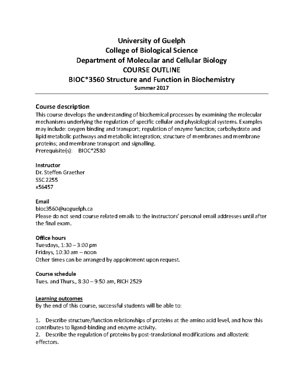 17s-bioc3560 - Outline - University of Guelph College of Biological Science Department of ...