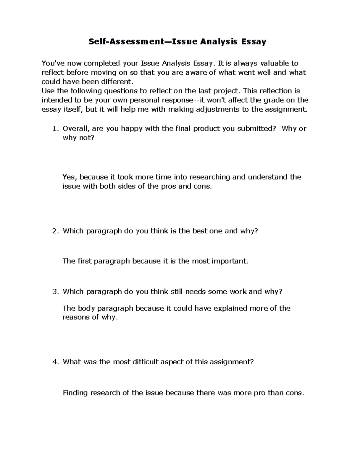 Self-Assessment-Issue Analysis Essay-3 - Self-Assessment—Issue Analysis ...