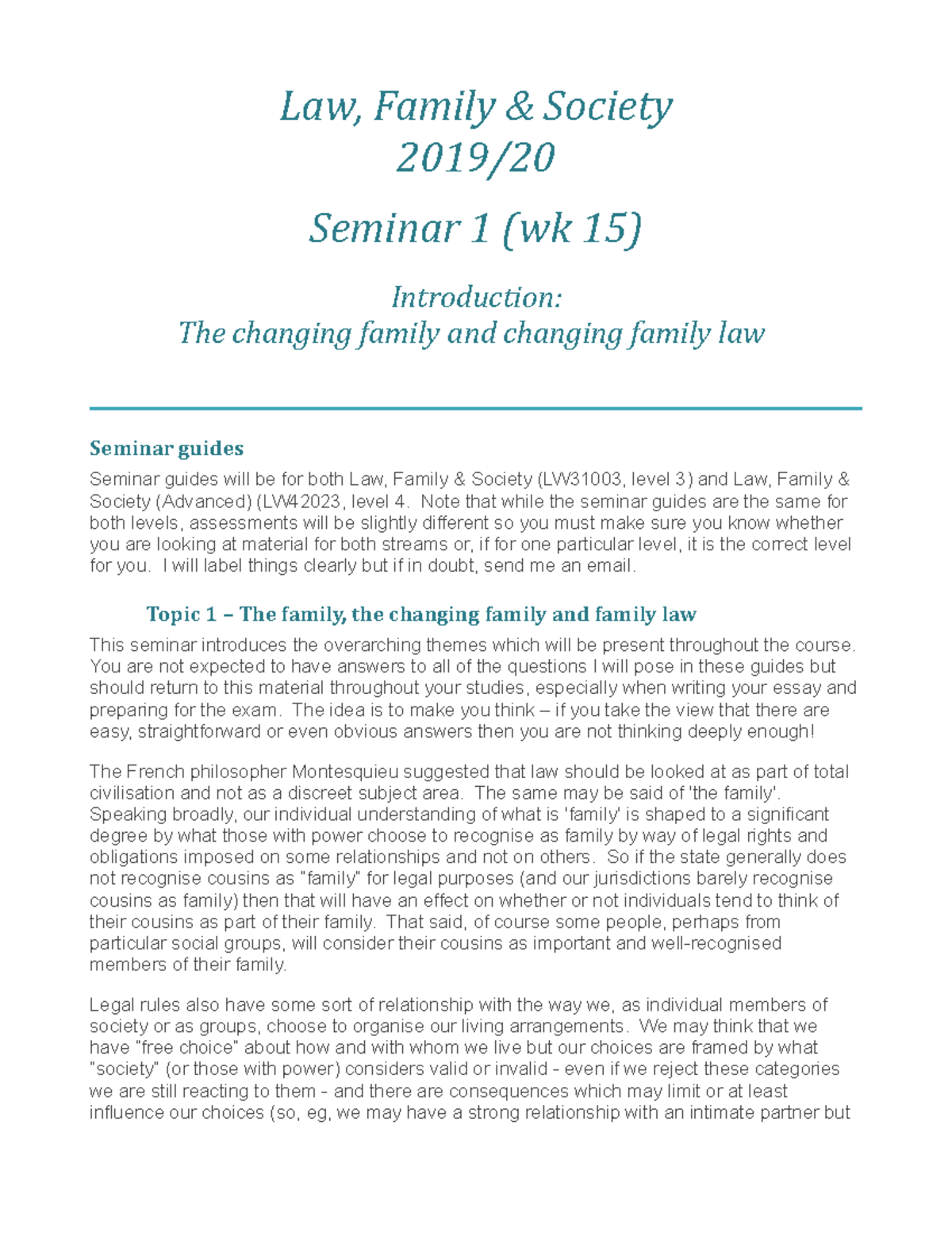 2019 20 Sem 1 Topic 1 Guide What is family - Law, Family & Society 2019 ...