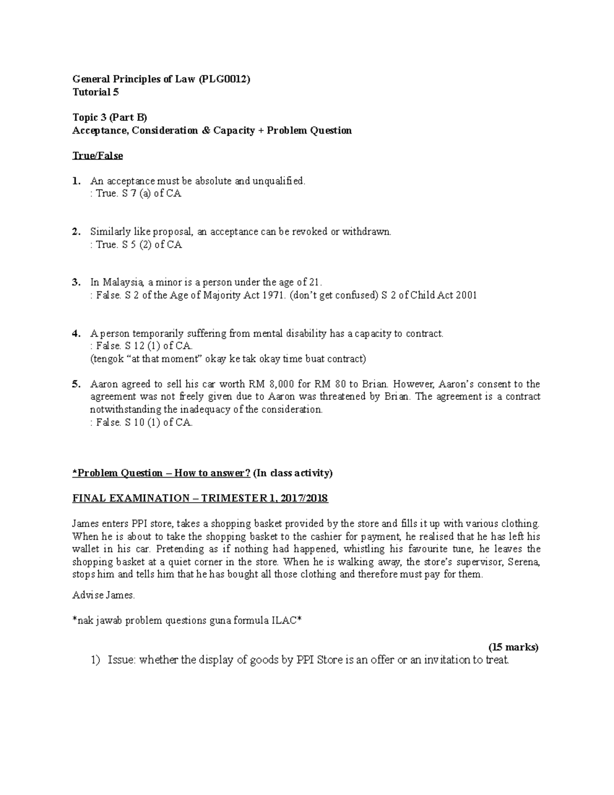 TUT 5 - Topic 3 (PART B) - contract - General Principles of Law ...