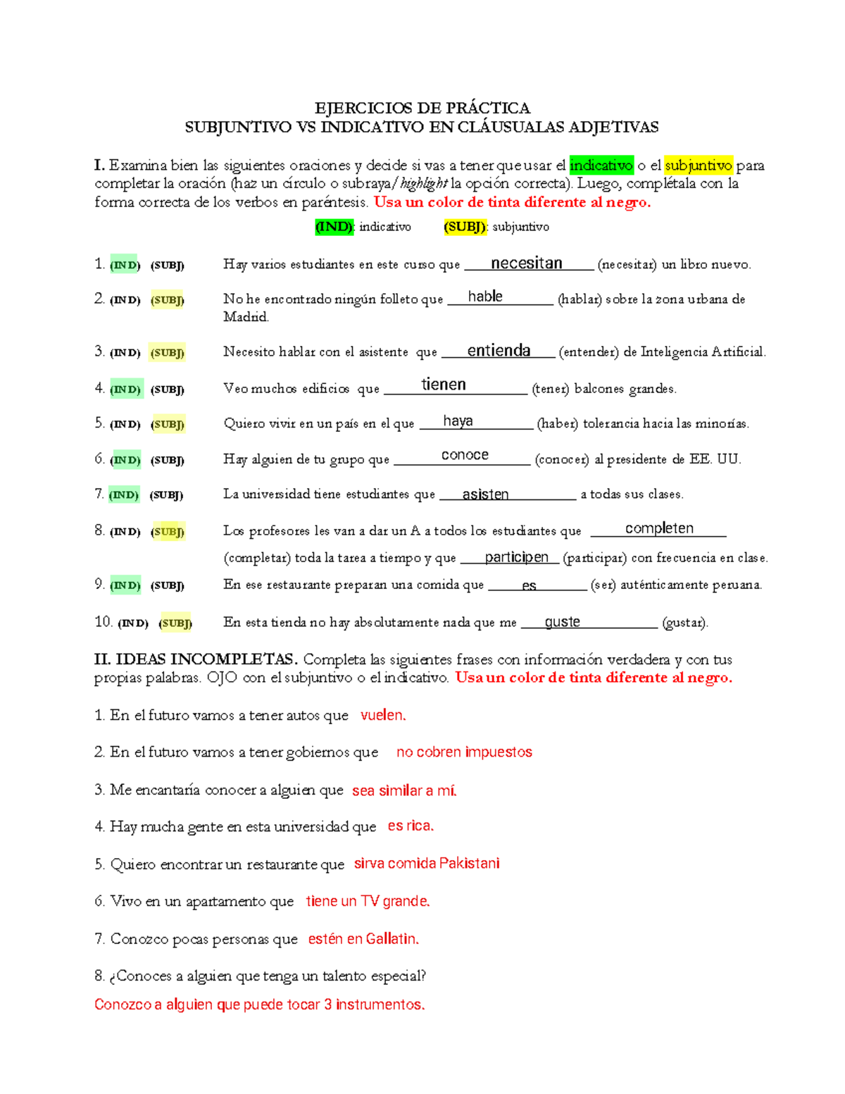 Homework - Assignment for subjunctive - EJERCICIOS DE PRÁCTICA ...