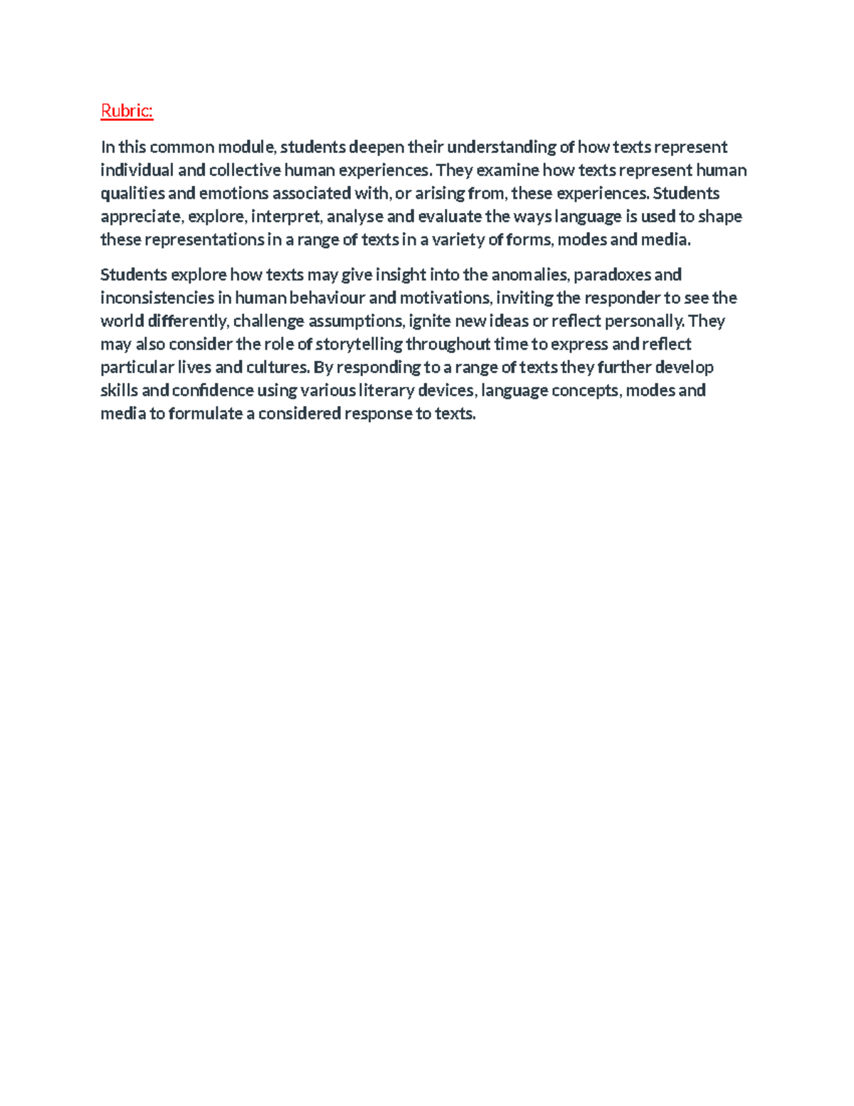 Texts and human Experiences - Rubric: In this common module, students ...