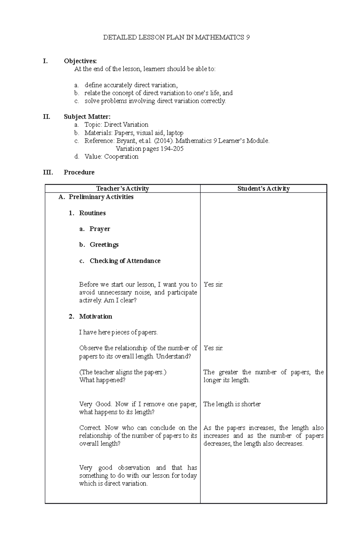 Direct variation - lesson plan - DETAILED LESSON PLAN IN MATHEMATICS 9 ...