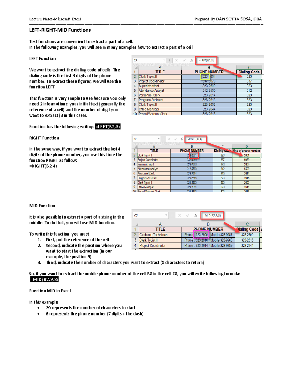 Lecture Notes Left Right Mid Functions Lecture Notes Microsoft Excel Prepared By Dan Sotta