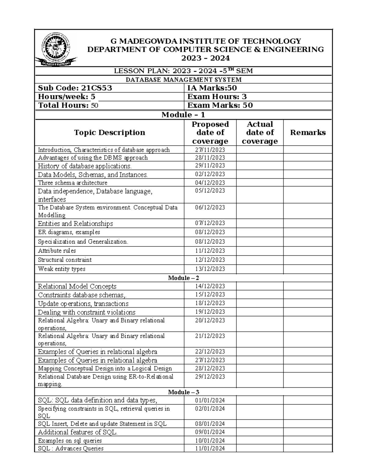 21CS53 Lesson Plan - G MADEGOWDA INSTITUTE OF TECHNOLOGY DEPARTMENT OF ...
