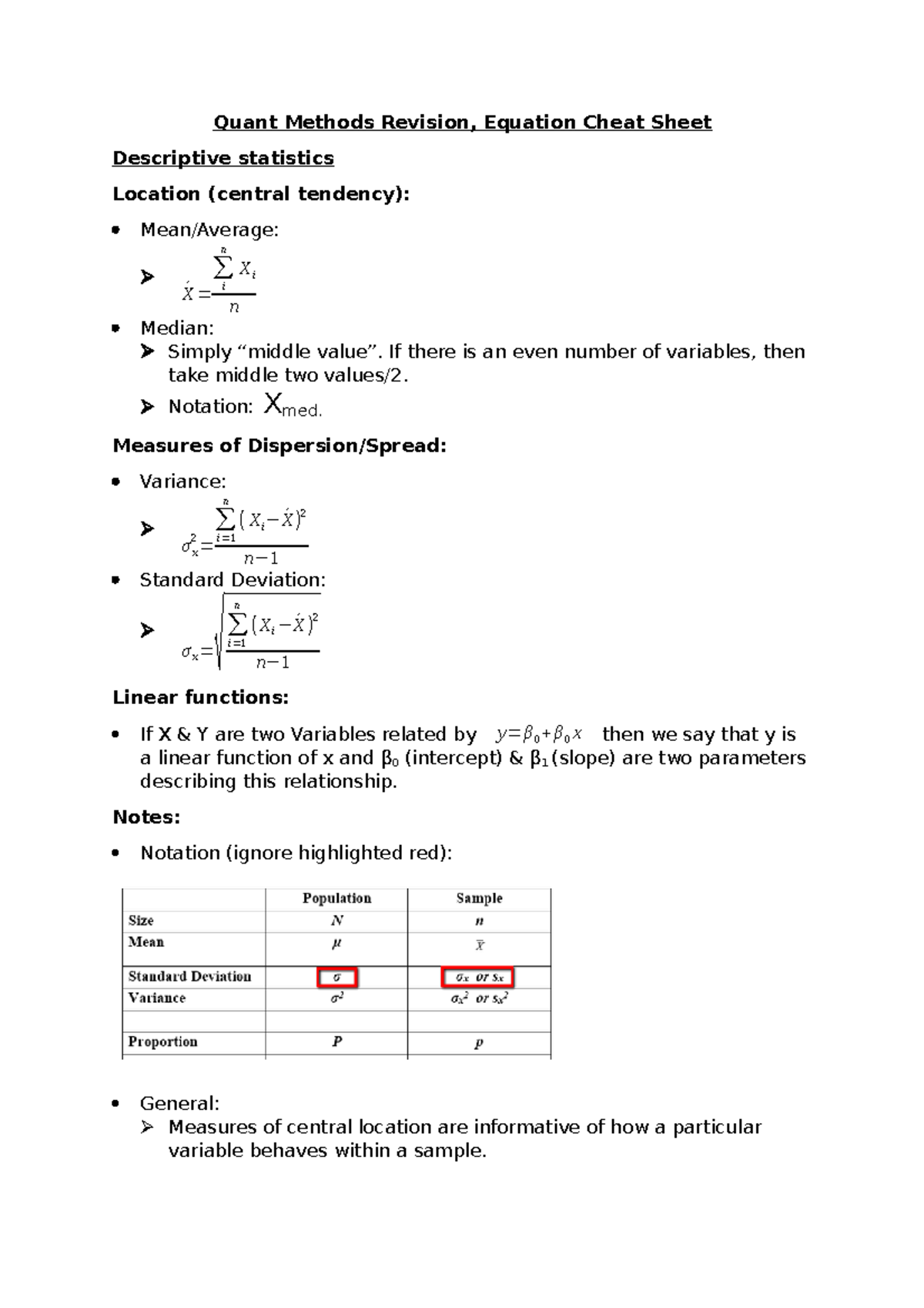 Quant Methods Revision, Equations Cheat Sheet - Measures of Variance: n ...