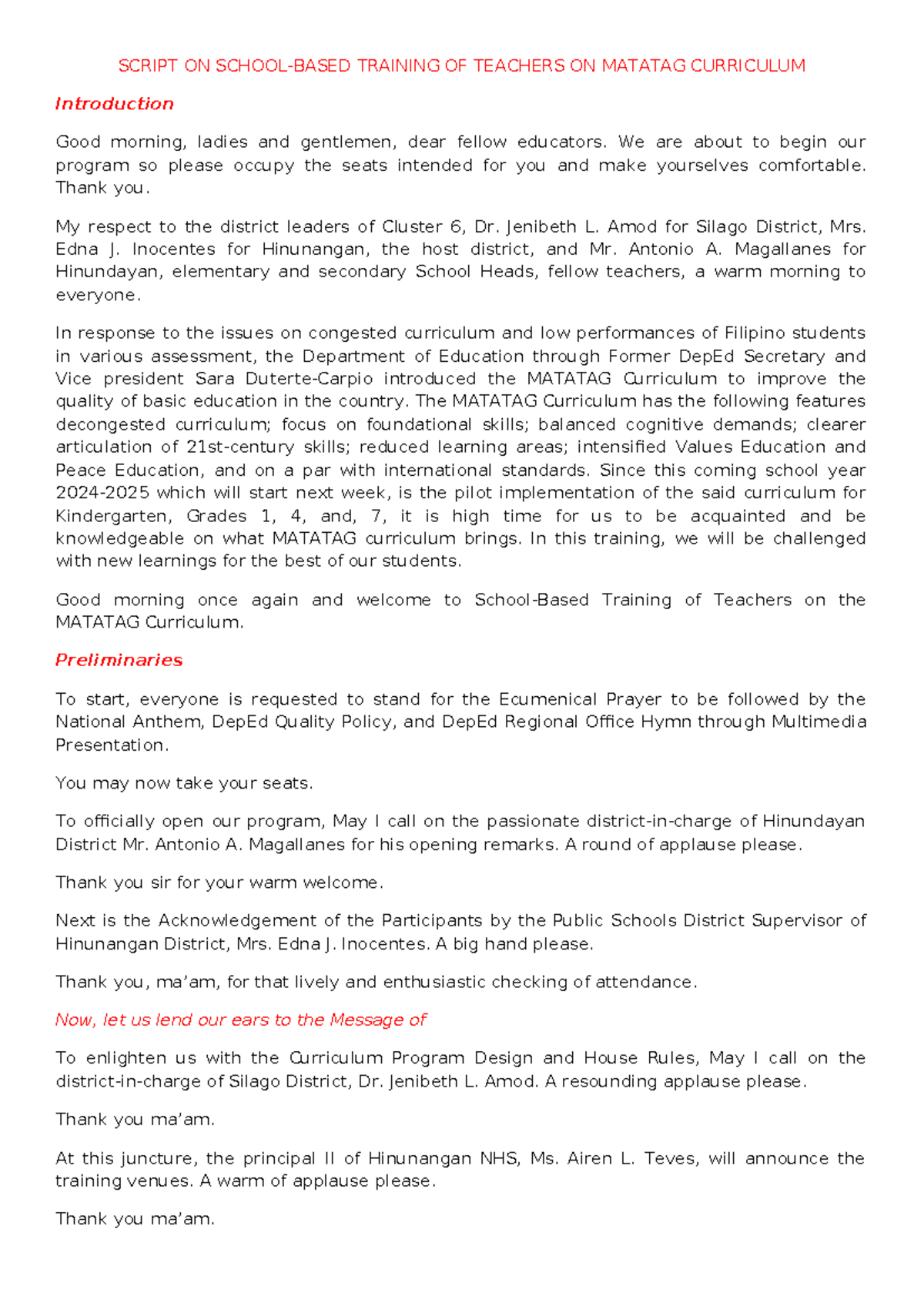 Matatag script - SCRIPT ON SCHOOL-BASED TRAINING OF TEACHERS ON MATATAG ...