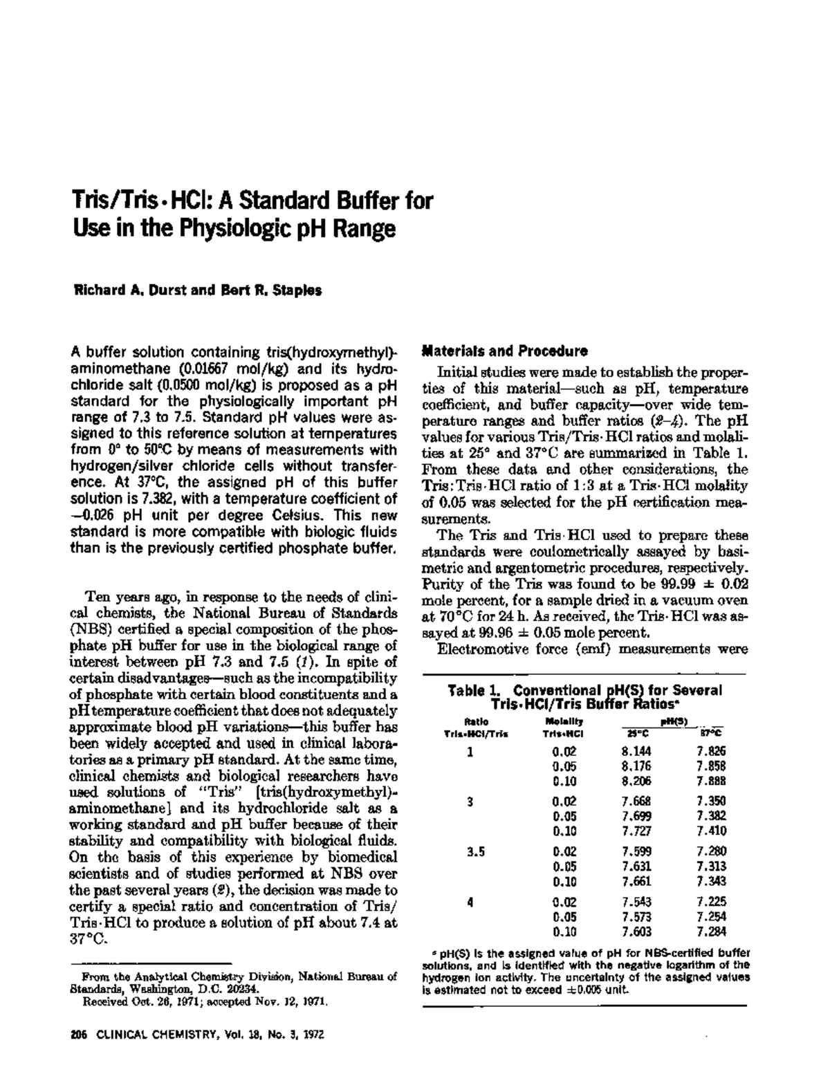 Tris Tris HCl A Standard Buffer for Use in the Physi - Ratio Tris/TrIs ...